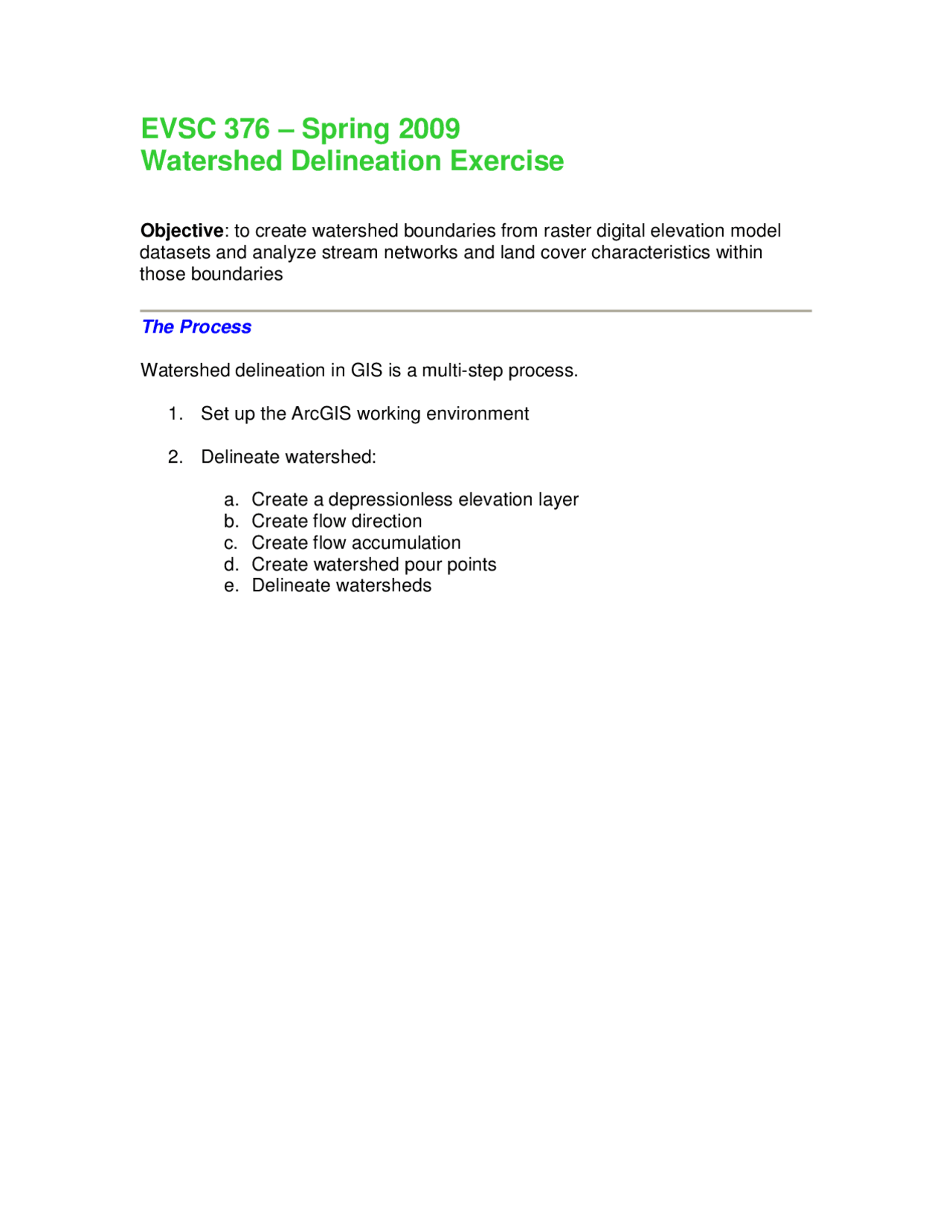 Watershed Delineation Exercise Notes Evsc 3880 Docsity