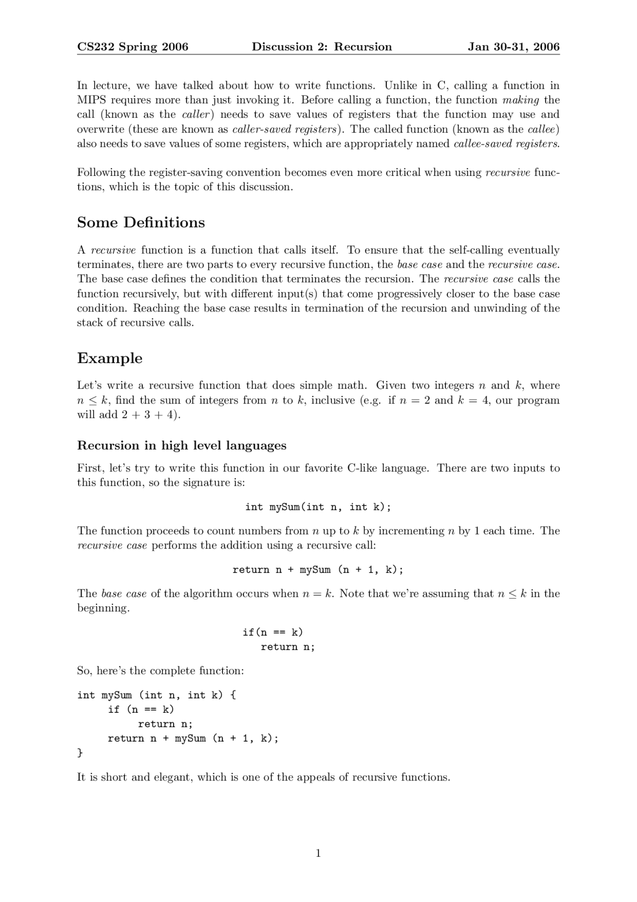 Computer Architecture Ii Discussion 2 Recursion Cs 232 Docsity