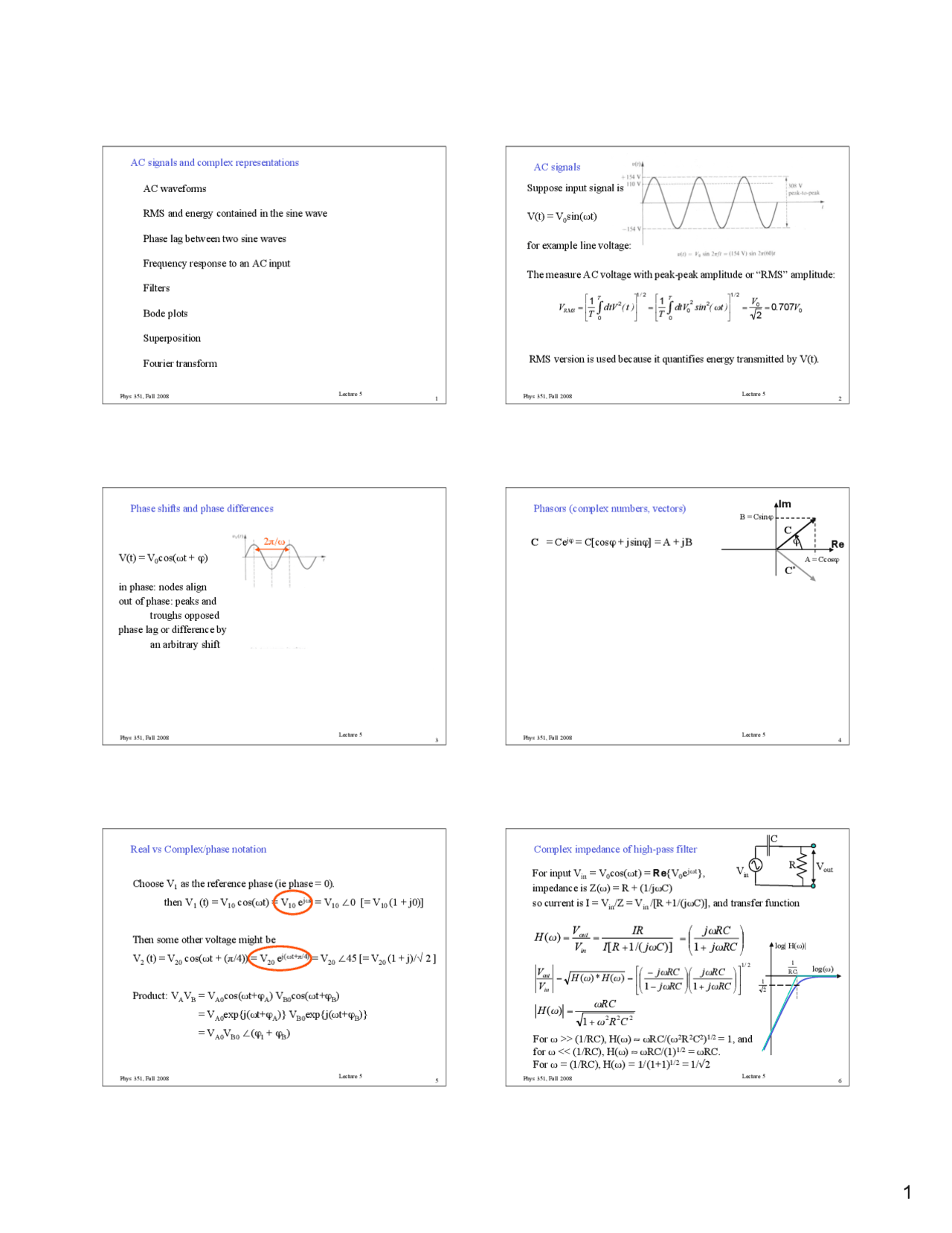 AC Signals and Complex Representation, Phase Shifts and Phase Differences | PHYS 351 - Docsity