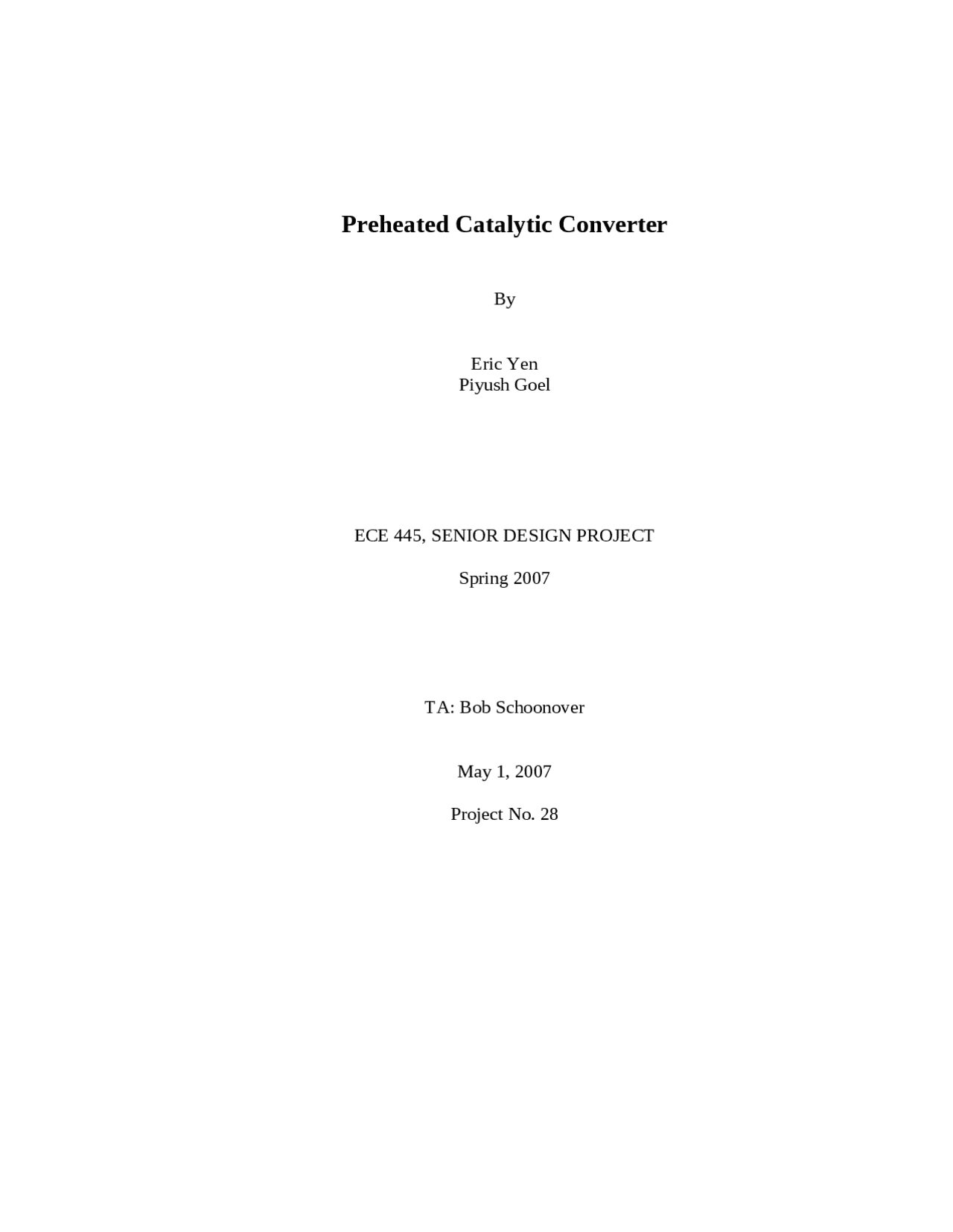 Project Report Preheated Catalytic Converter Senior Design Project