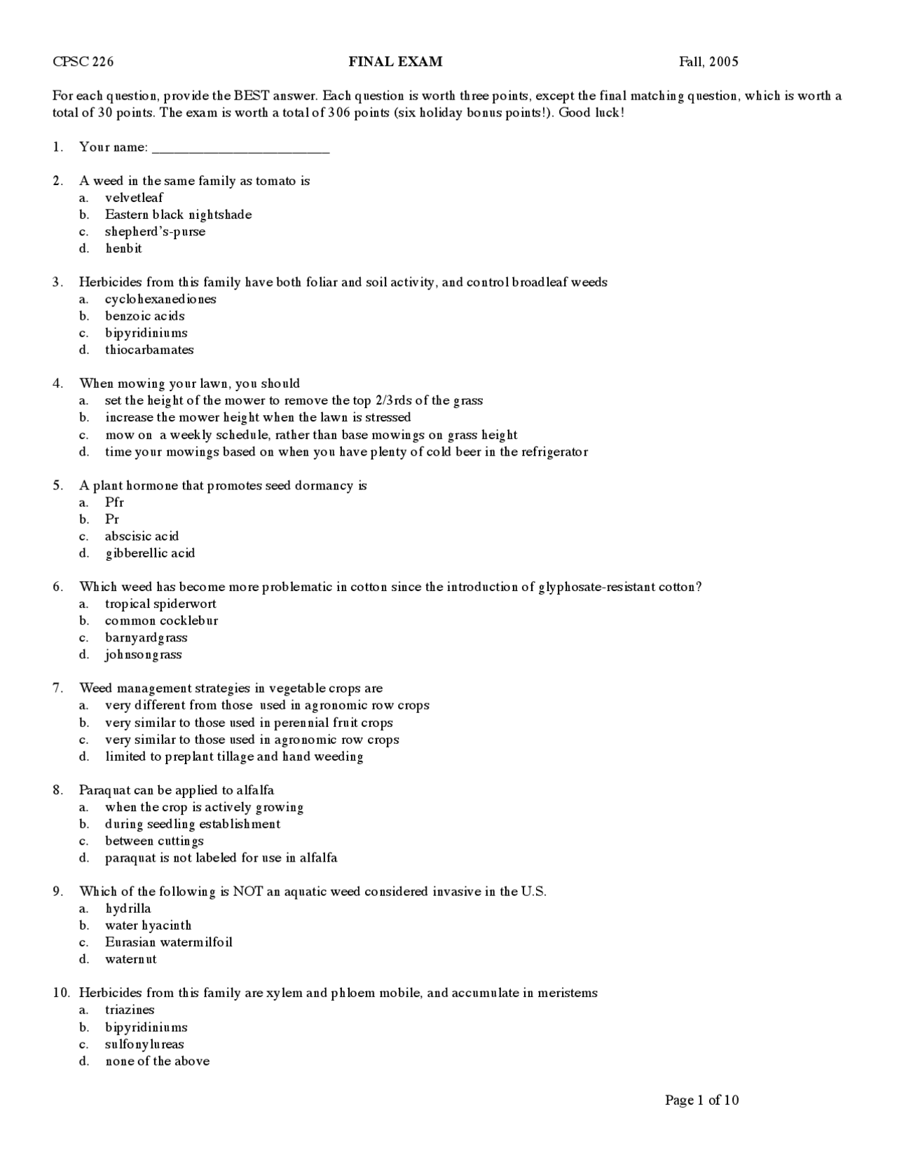 93 Questions On Herbicides In Introduction To Weeds Science Cpsc 226