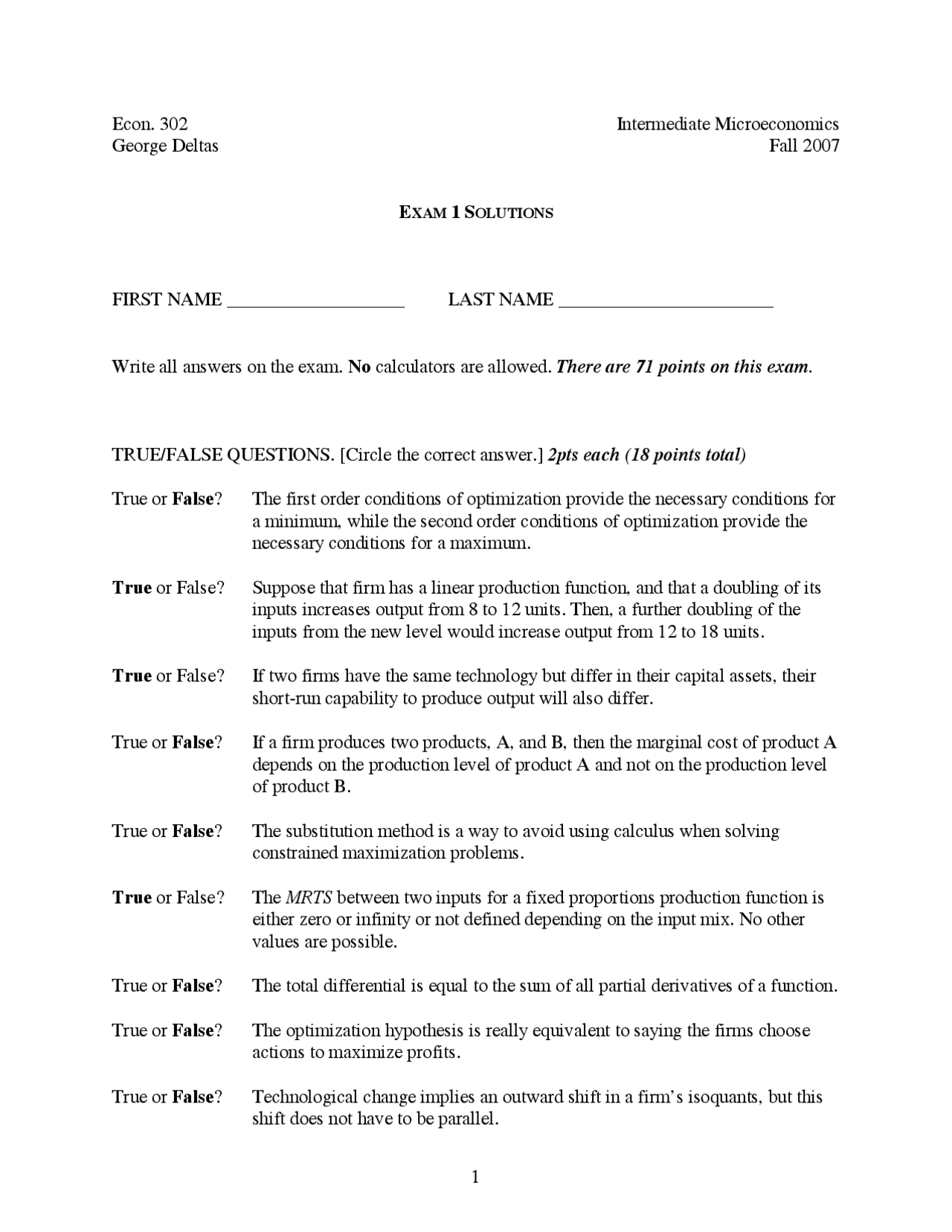 Exam 1 Questions With Solutions Introduction Microeconomic Theory