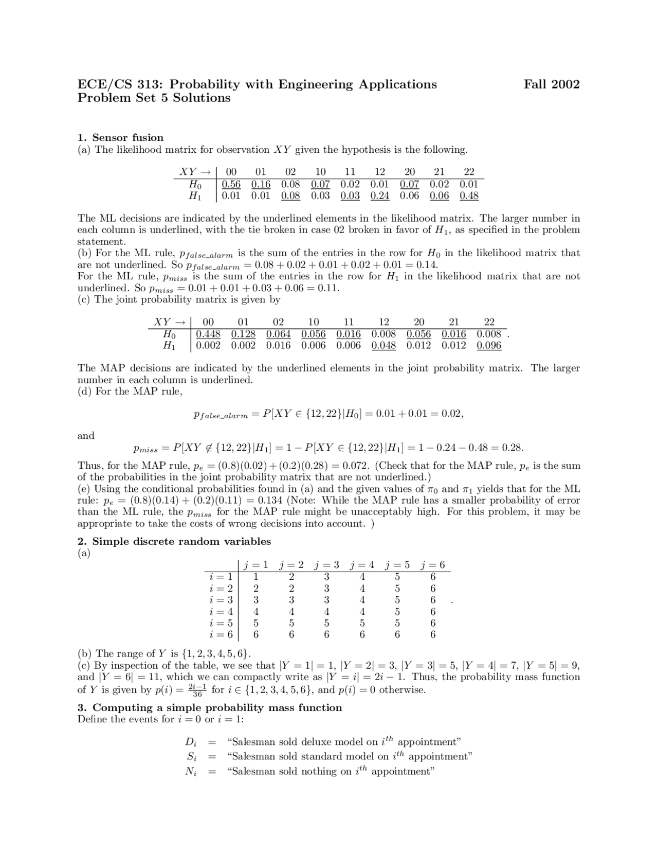 Prob. Set 5 Solutions: Sensor Fusion & Discrete Random Variables | Assignments Statistics | Docsity