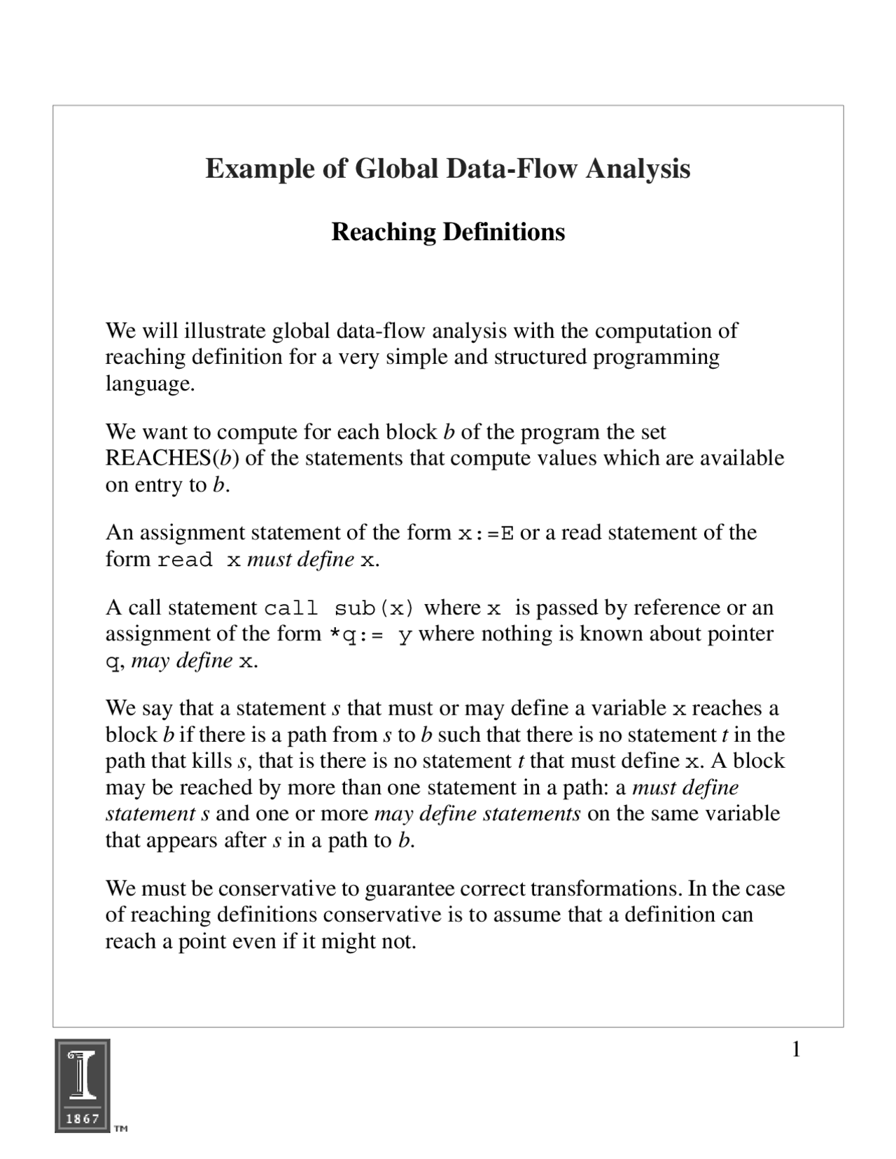 Examples Of Global Data Flow Analysis Cs 426 Docsity