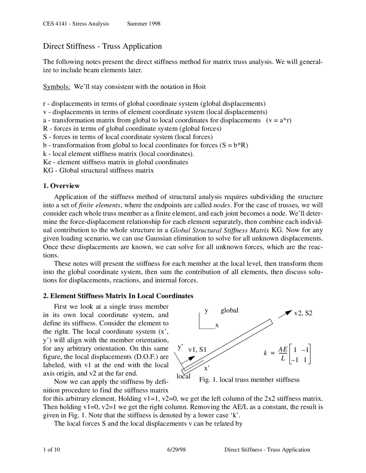 Notes For Direct Stiffness And Truss Application Ces 4141 Docsity