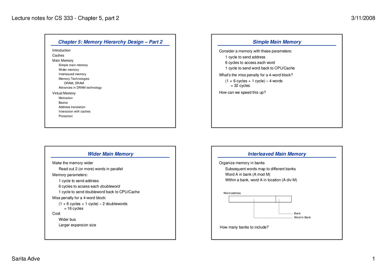 Memory Hierarchy Design - Computer System Organization - Slides | CS 433 - Docsity