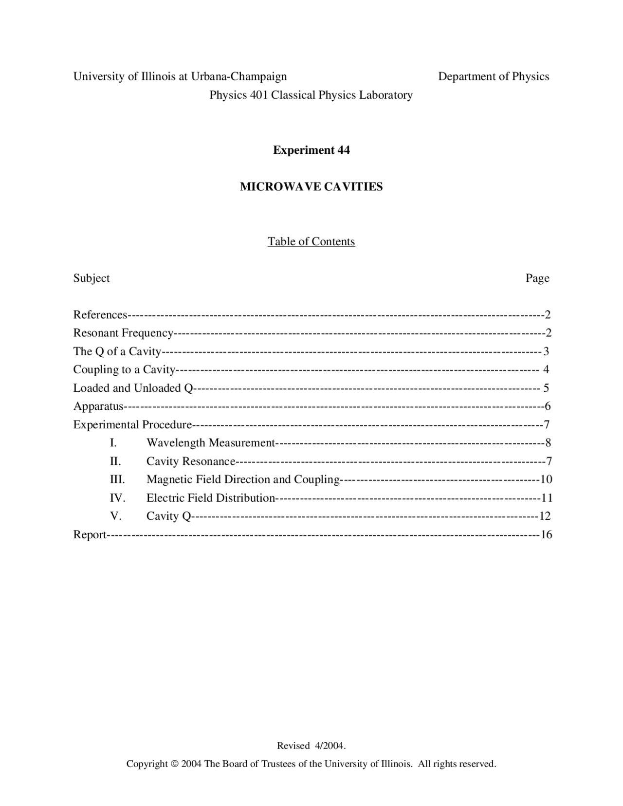 Microwave Cavities Classical Physics Laboratory Experiment Phys