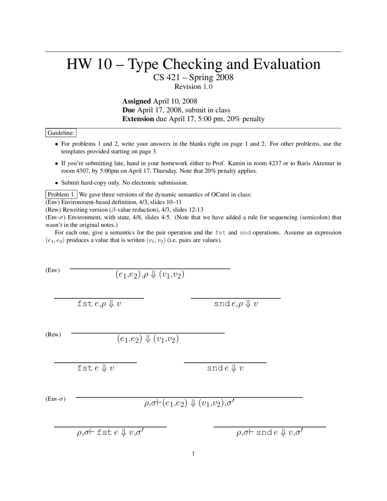 Types Checking and Evaluation - Homework 10 | CS 421 - Docsity