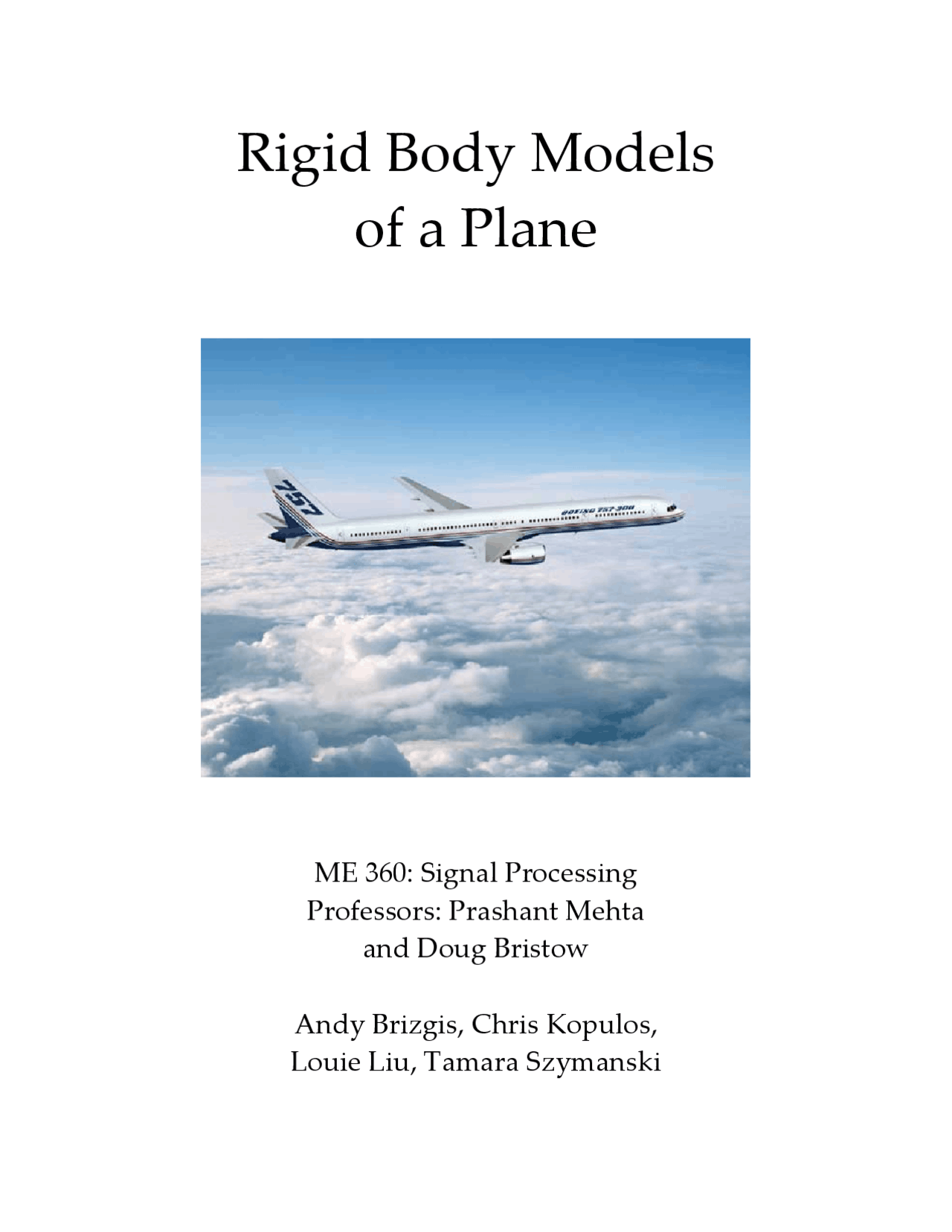 Rigid Body Models of a Plane - Signal Processing | ME 360 - Docsity