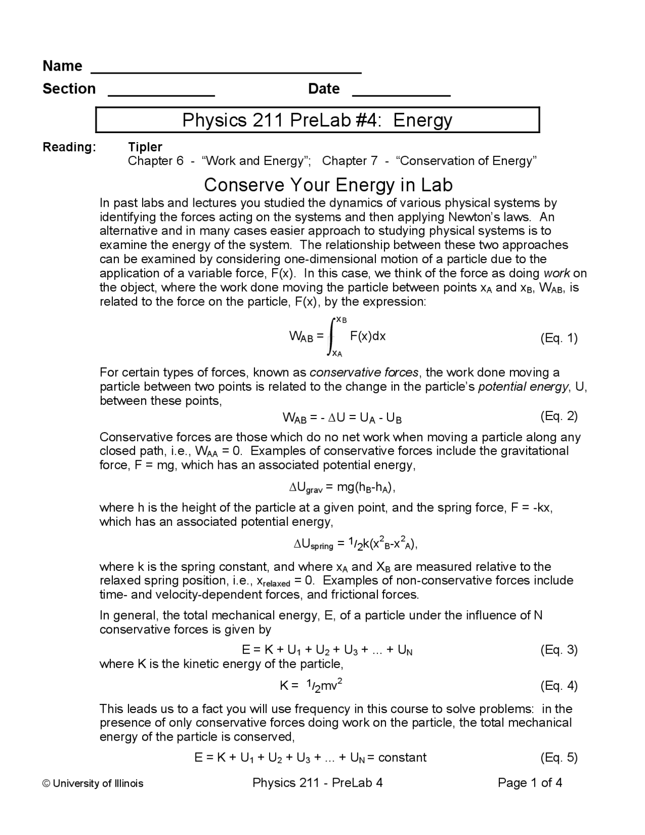 Work and Conservation Energy in Mechanics | PHYS 211 - Docsity