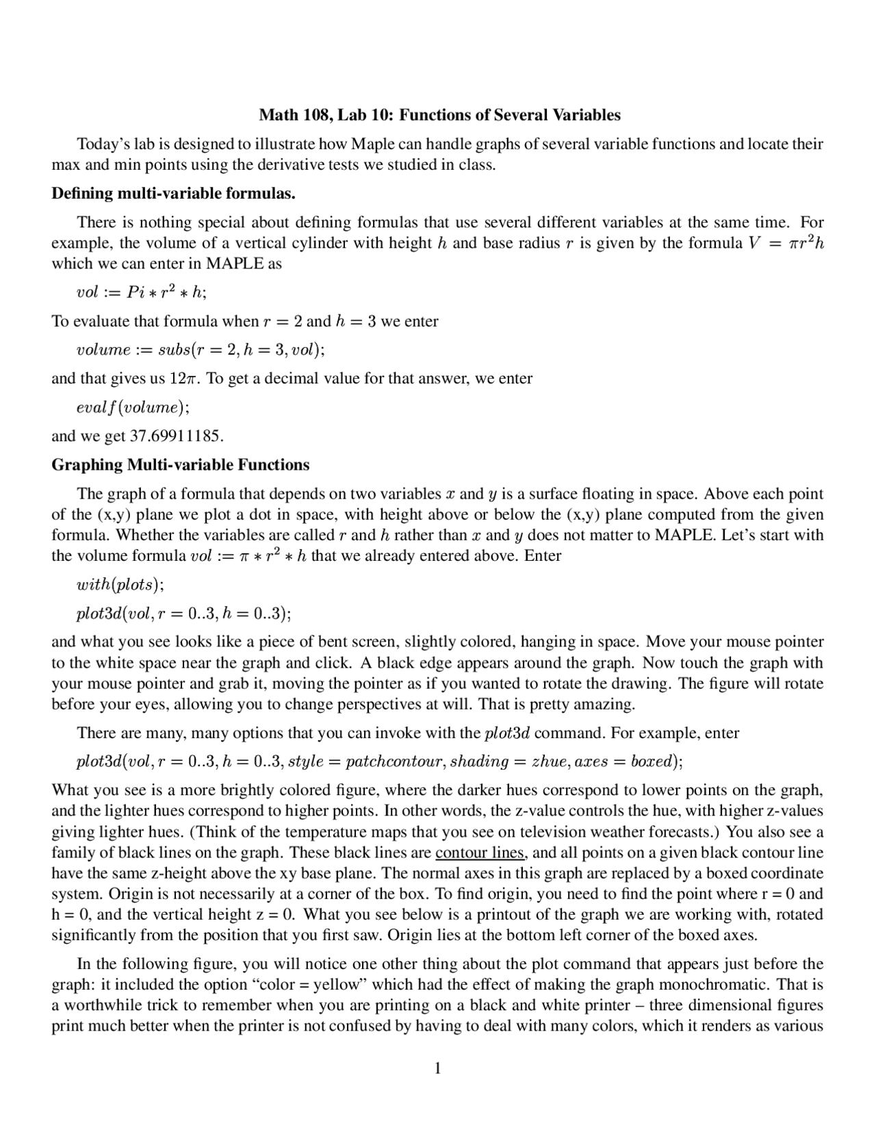Multivariable Formulas Calculus Applications Lab 10 Math 108