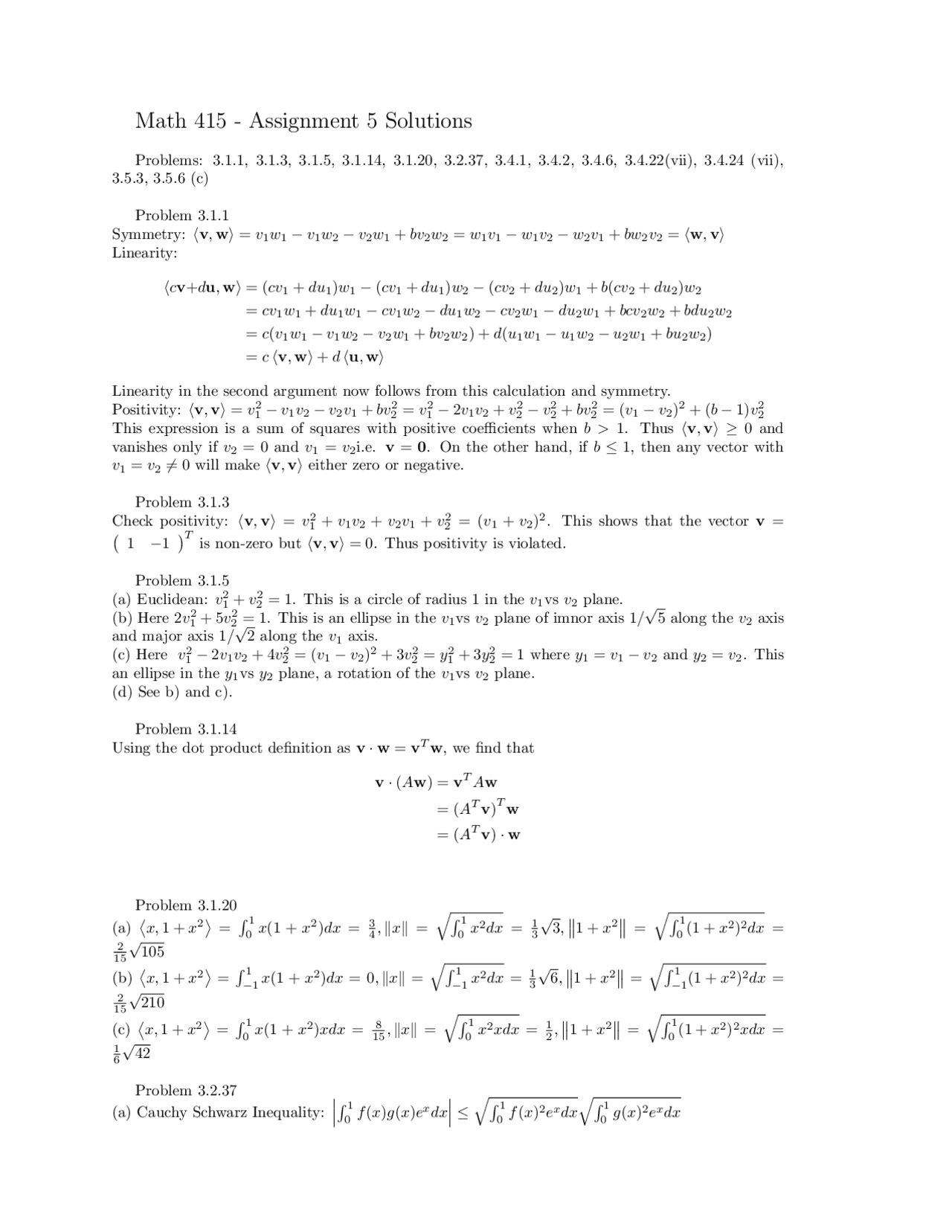 Applied Linear Algebra Assignment 5 Solutions Math 415 Docsity