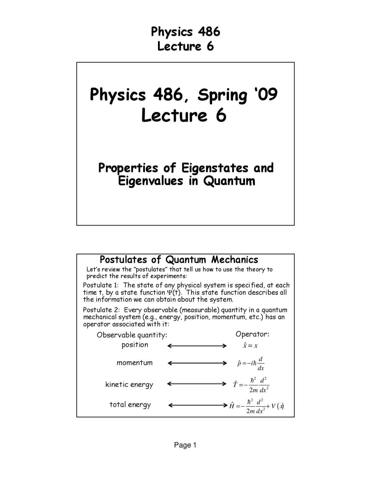 Properties Of Eigenstates And Eigenvalues In Quantum Lecture Slides Phys 486 Docsity