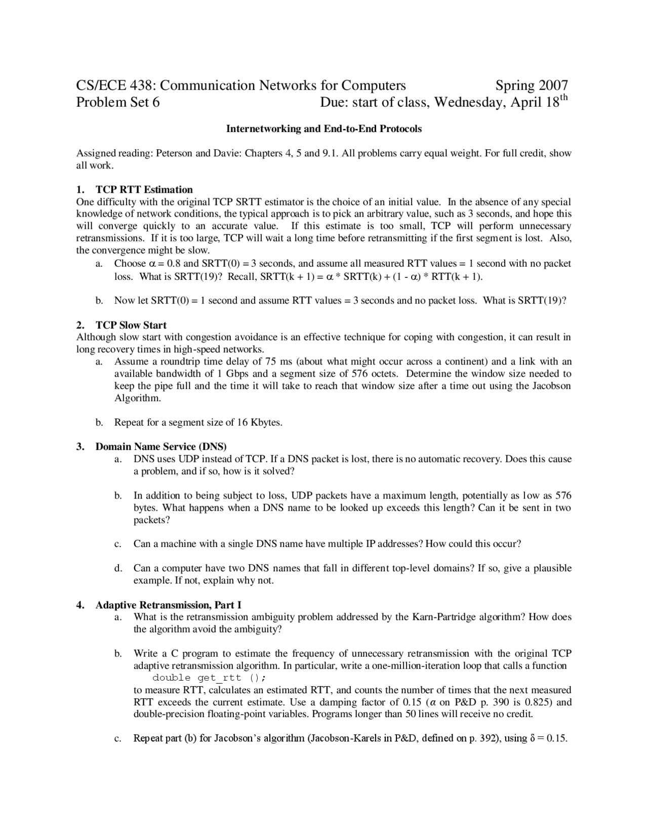 Internetworking And End To End Protocols Problem Set 6 Ece 438