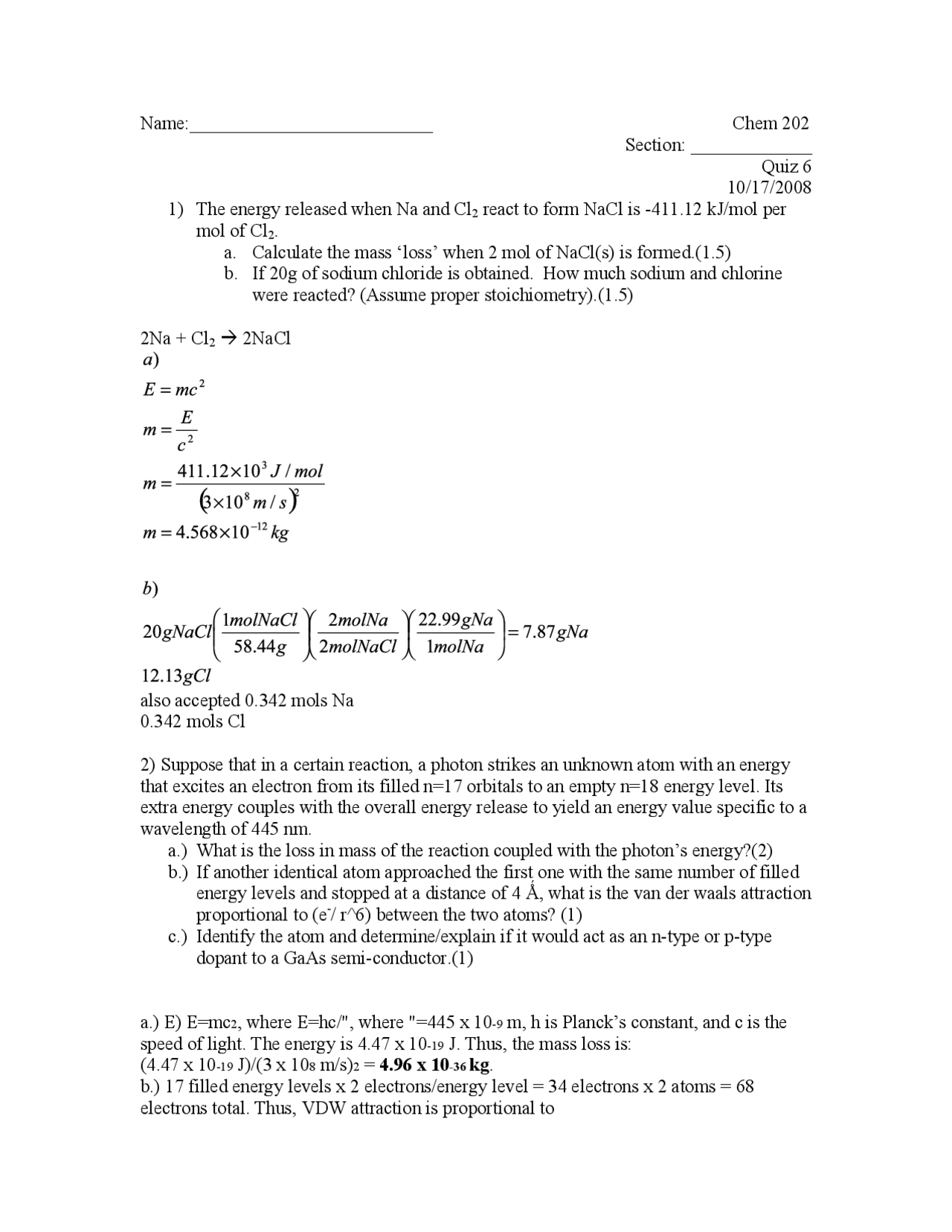 Quiz 6 Questions On Einstein Equations Accelerated Chemistry I Chem