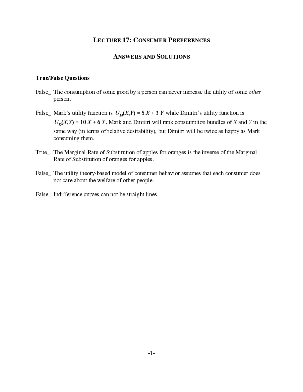 Consumer Preferences Answers And Solutions Econ 302 Docsity