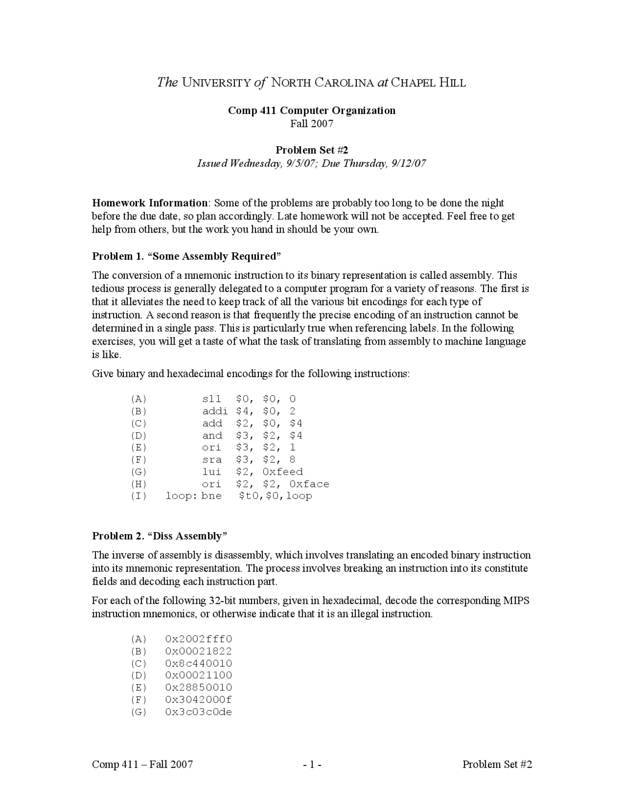 Computer Organization Problem Set 2 Comp 411 Docsity