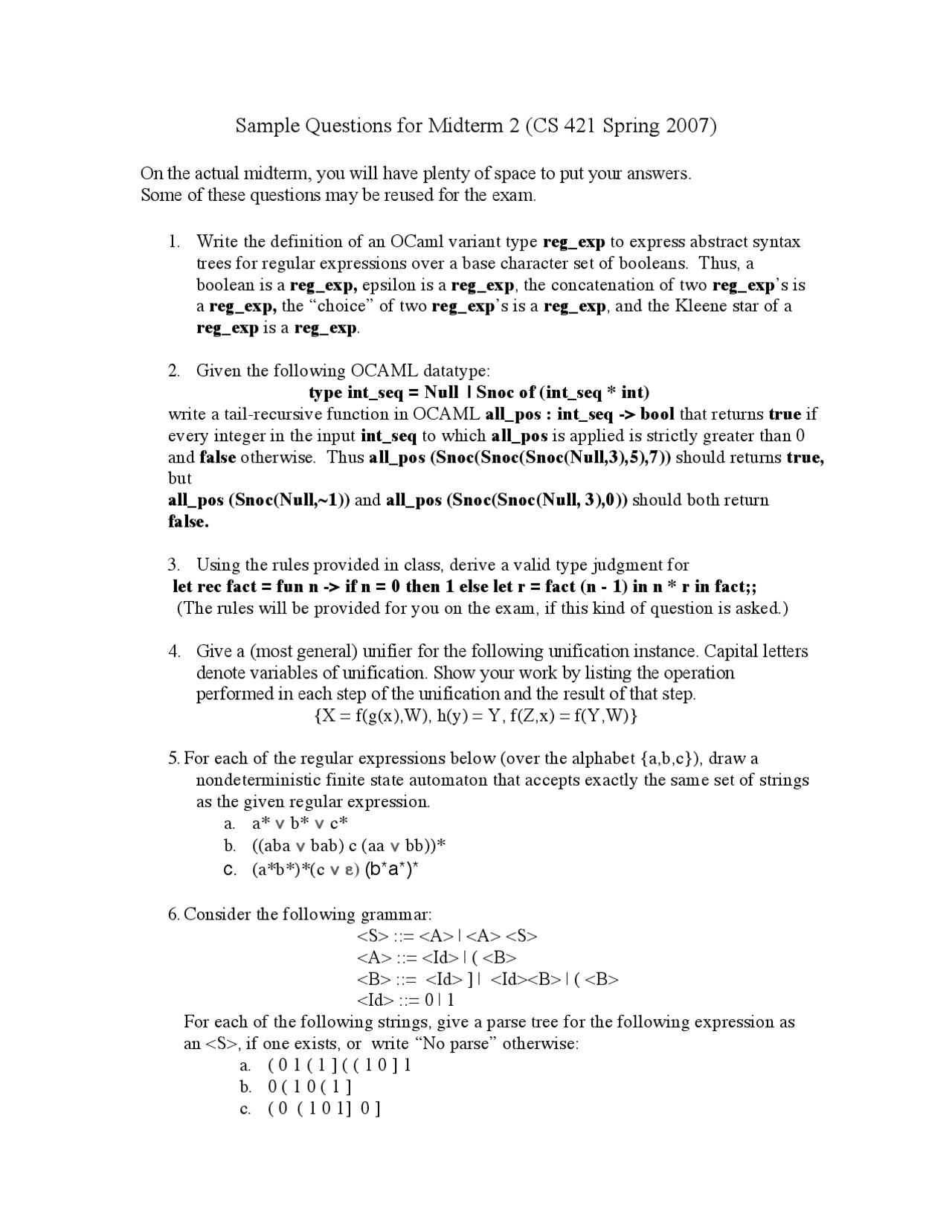 Sample Questions For Midterm 2 Programming Languages And Compilers 2077