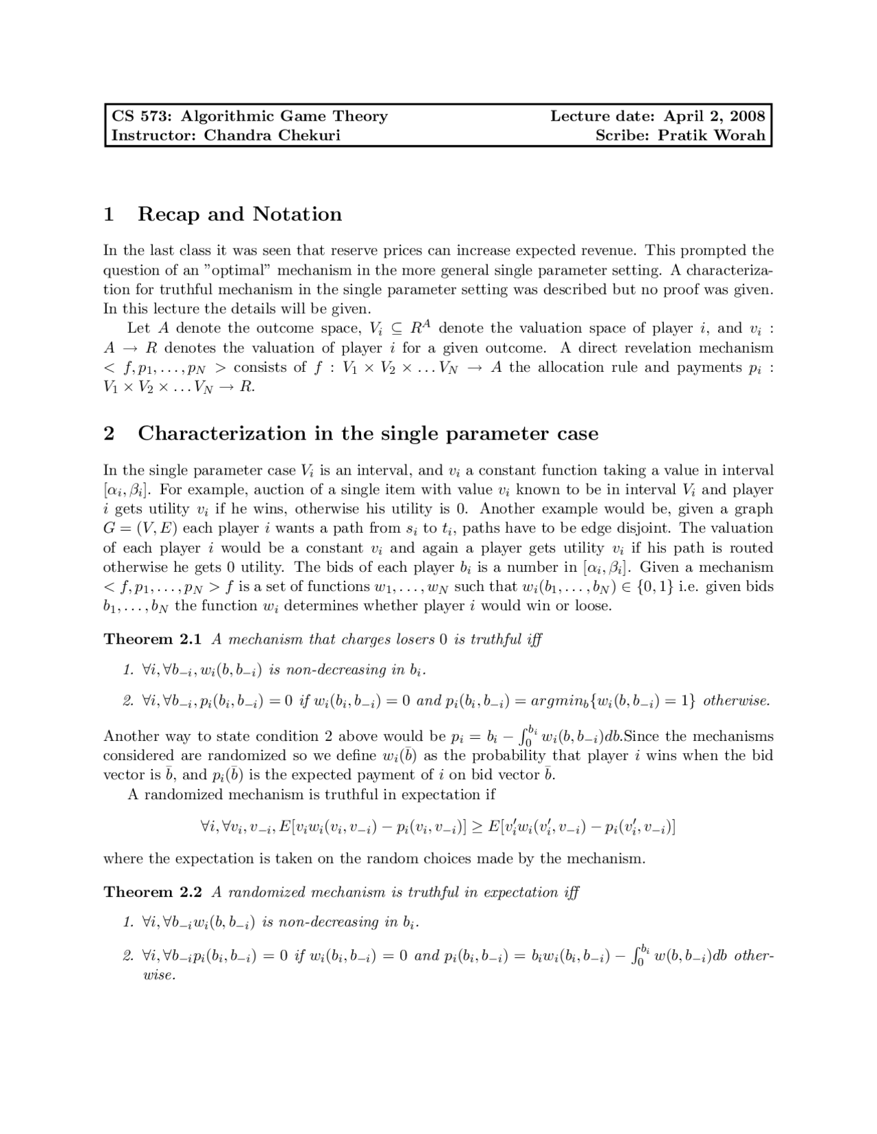 Recap and Notation – Algorithm Game Theory | CS 573 - Docsity