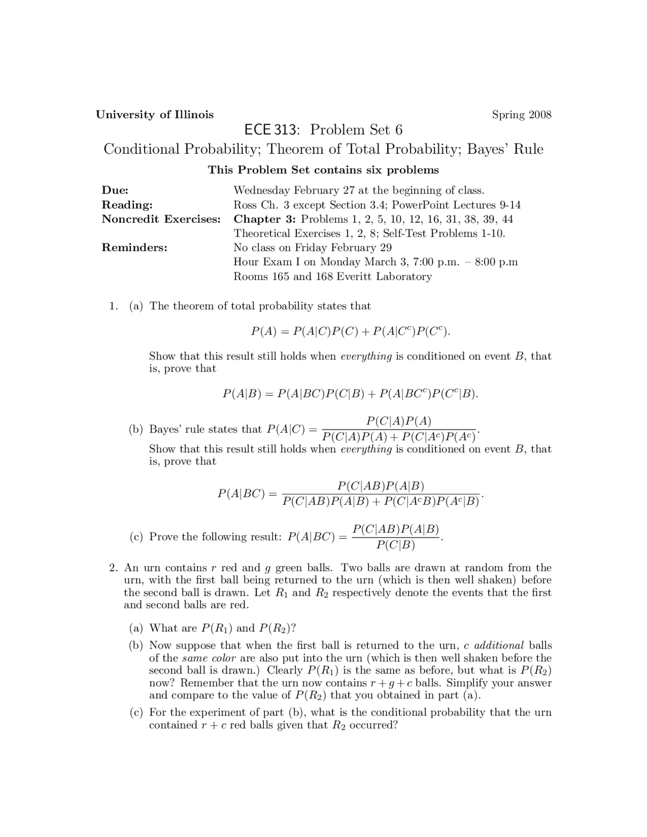 Conditional Probability : Theorem of Total Probability: Bayes' Rule | ECE 313 - Docsity
