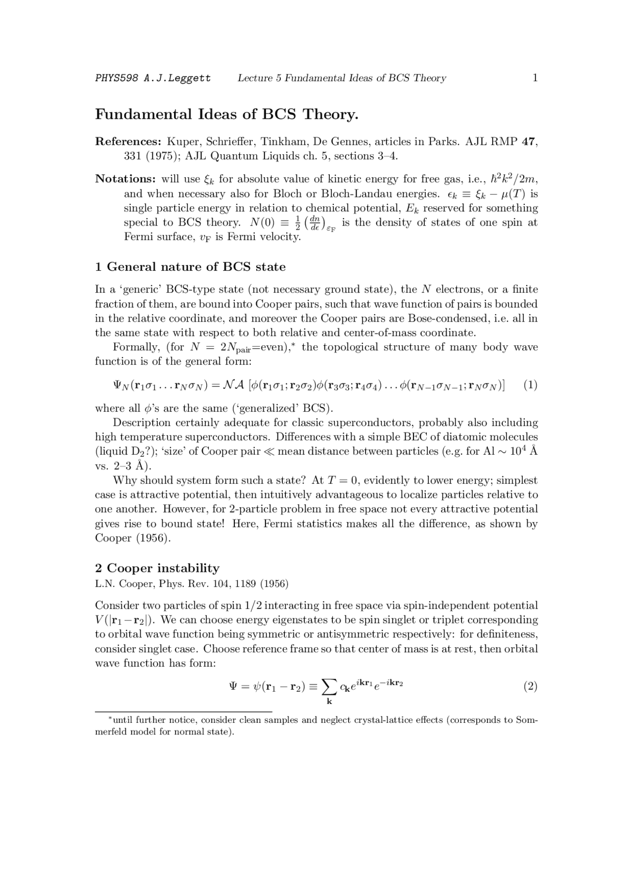 Fundamental Ideas of BCS Theory - Lecture Notes | PHYS 598 - Docsity