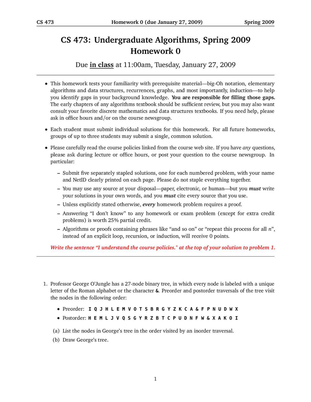 Homework Assignment Fundamental Algorithms Fall 2009 Cs 473 Docsity