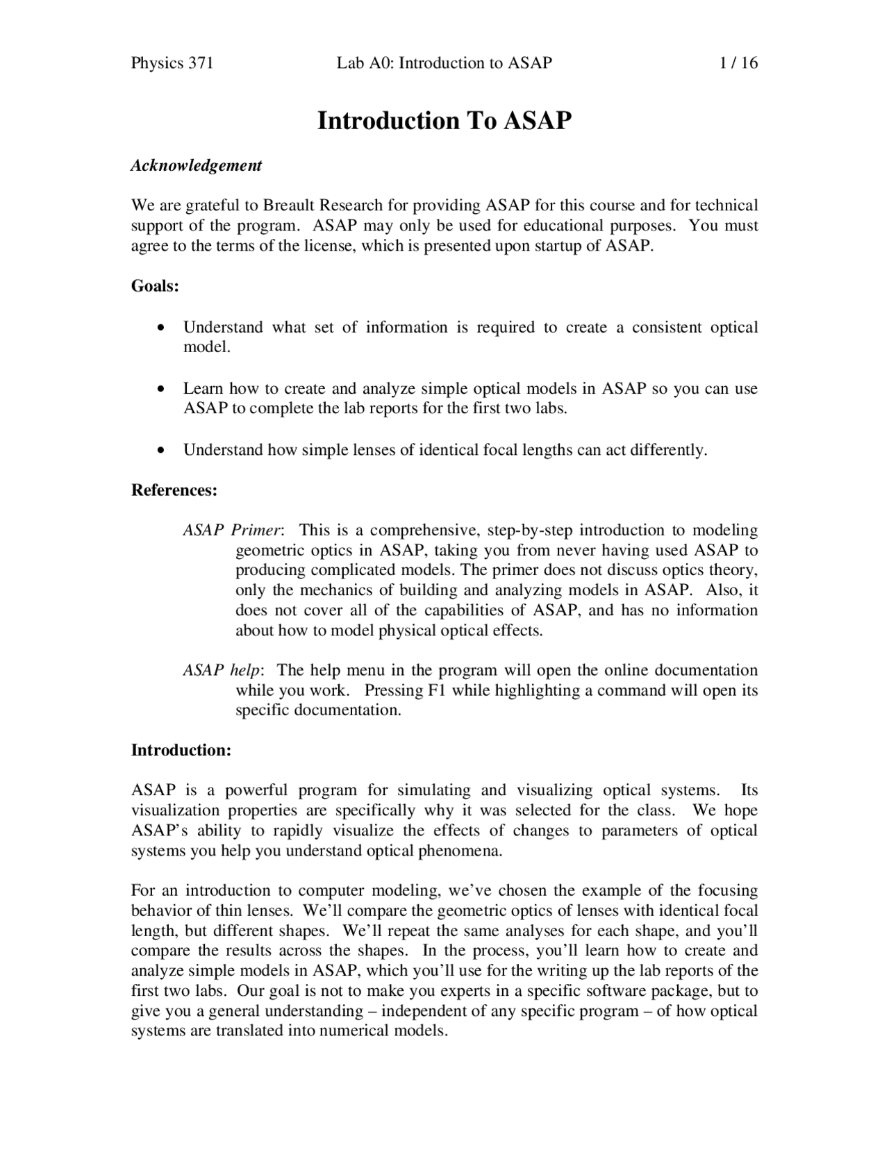 Introduction to ASAP - Light - Lab A0 | PHYS 402 - Docsity