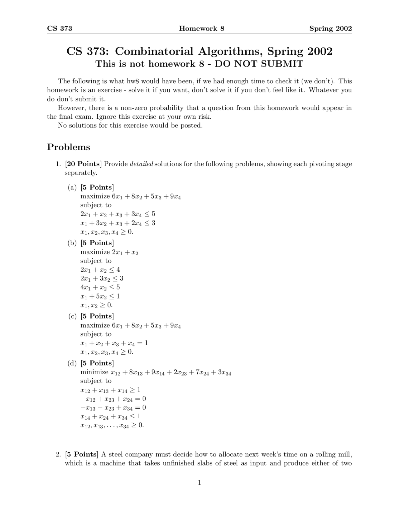 Homework 8 Solved Problems Combinatorial Algorithms Spring 2002 8324