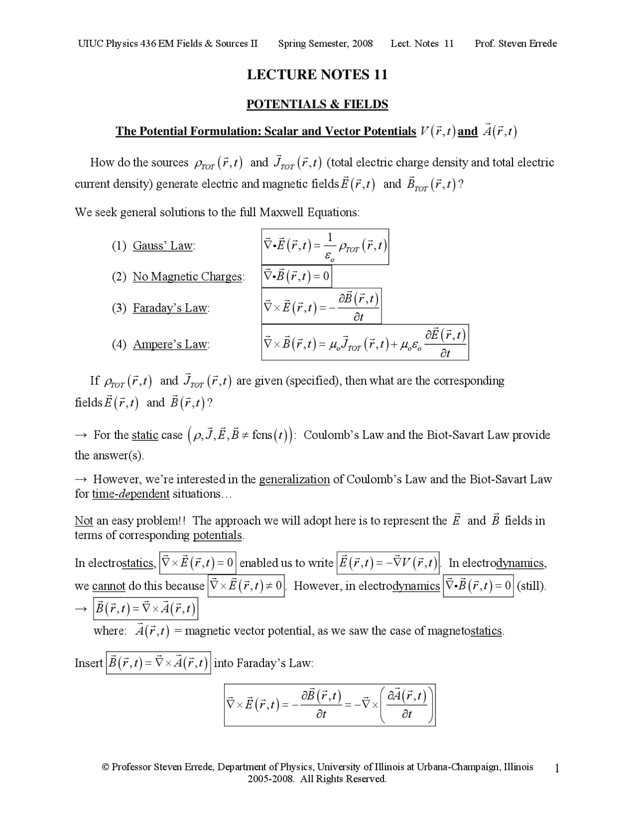 Potentials And Fields Lecture Notes Phys 436 Docsity