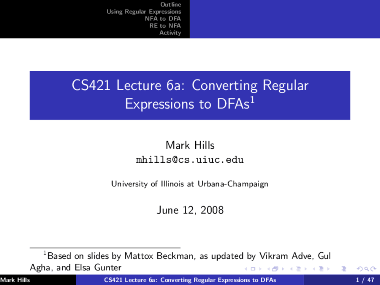 Converting Regular Expression to DFA's - Lecture Slides | CS 421 - Docsity