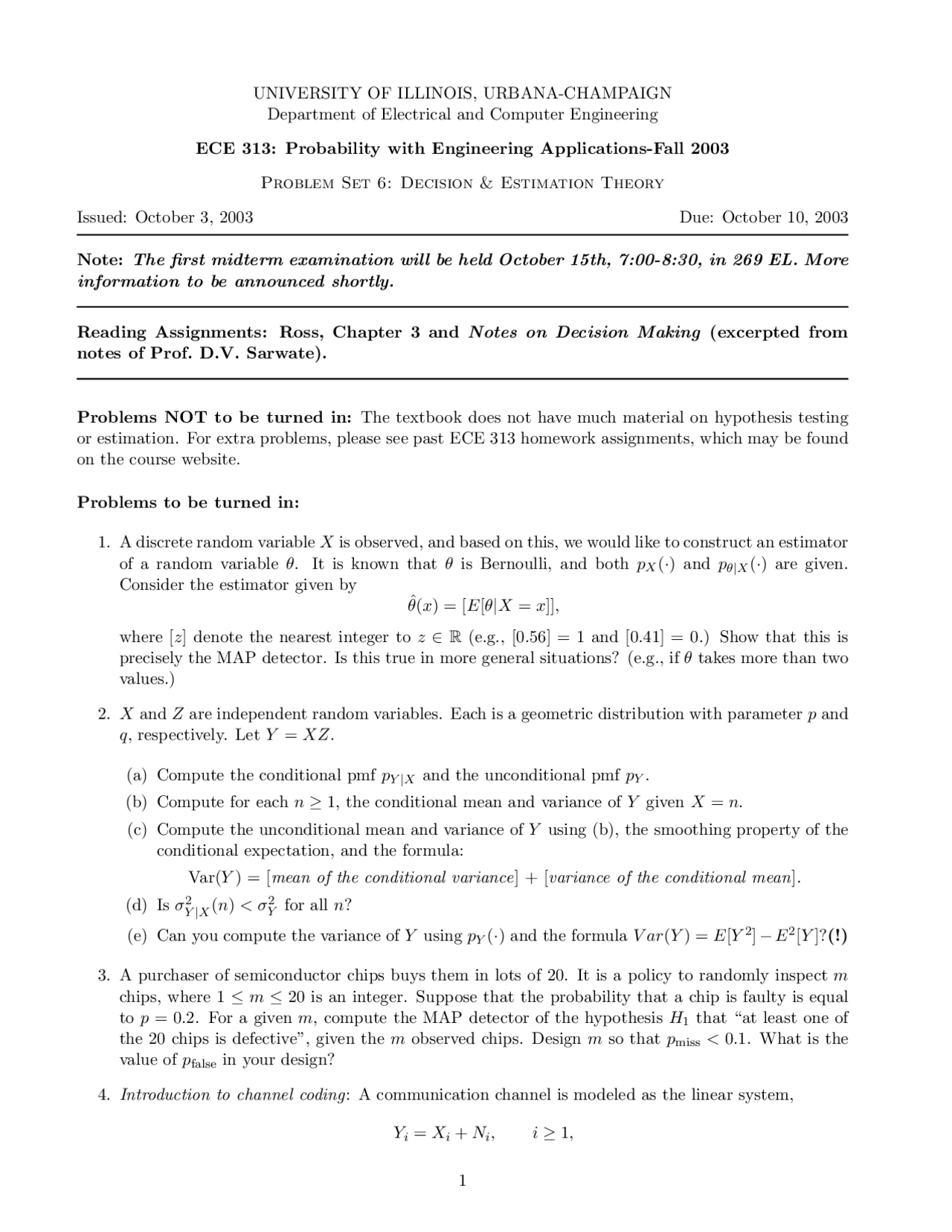 Problem Set 6 Decision And Estimation Theory Ece 313 Docsity