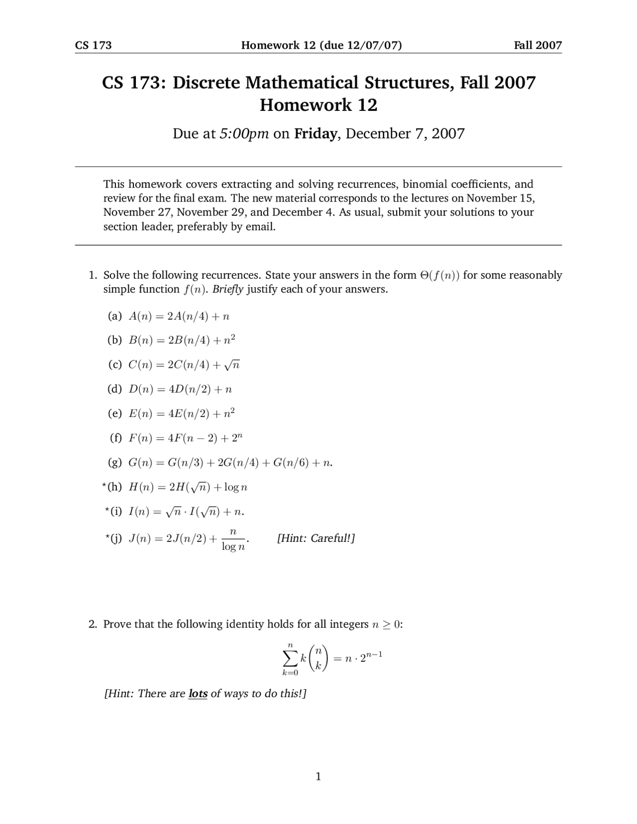 Unsolved Questions For Assignment 12 Discrete Structures Cs 173 Docsity