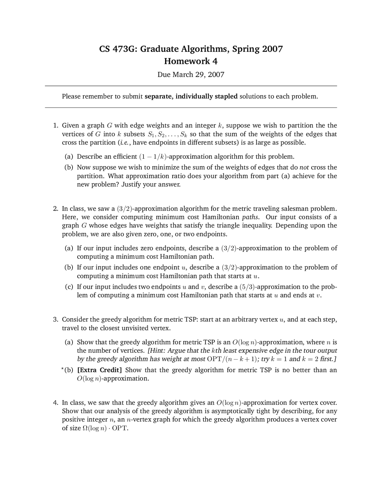 Homework 4 Questions Fundamental Algorithms Cs 473 Docsity