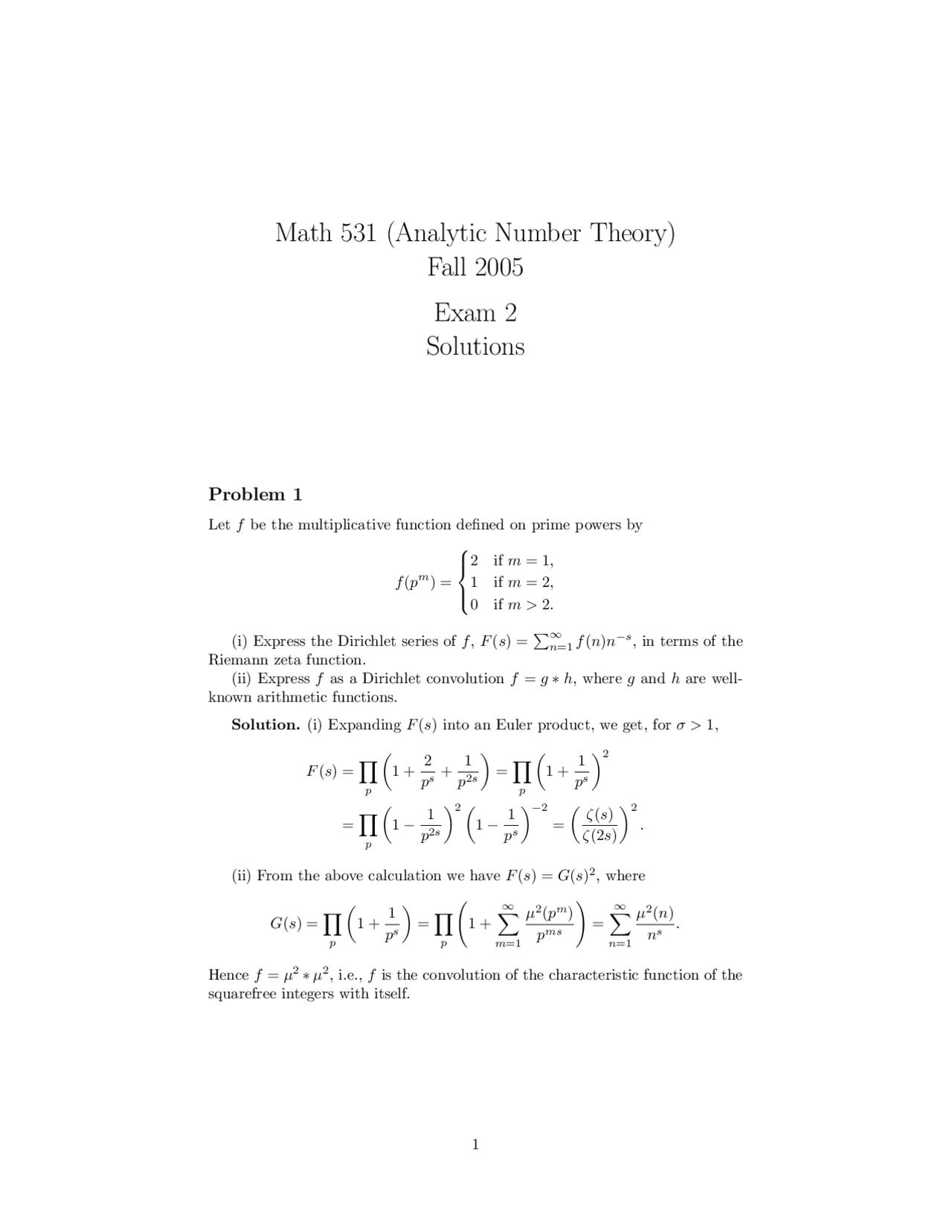 Exam 2 With Solution Analytic Theory Of Numbers I Math 531 Docsity