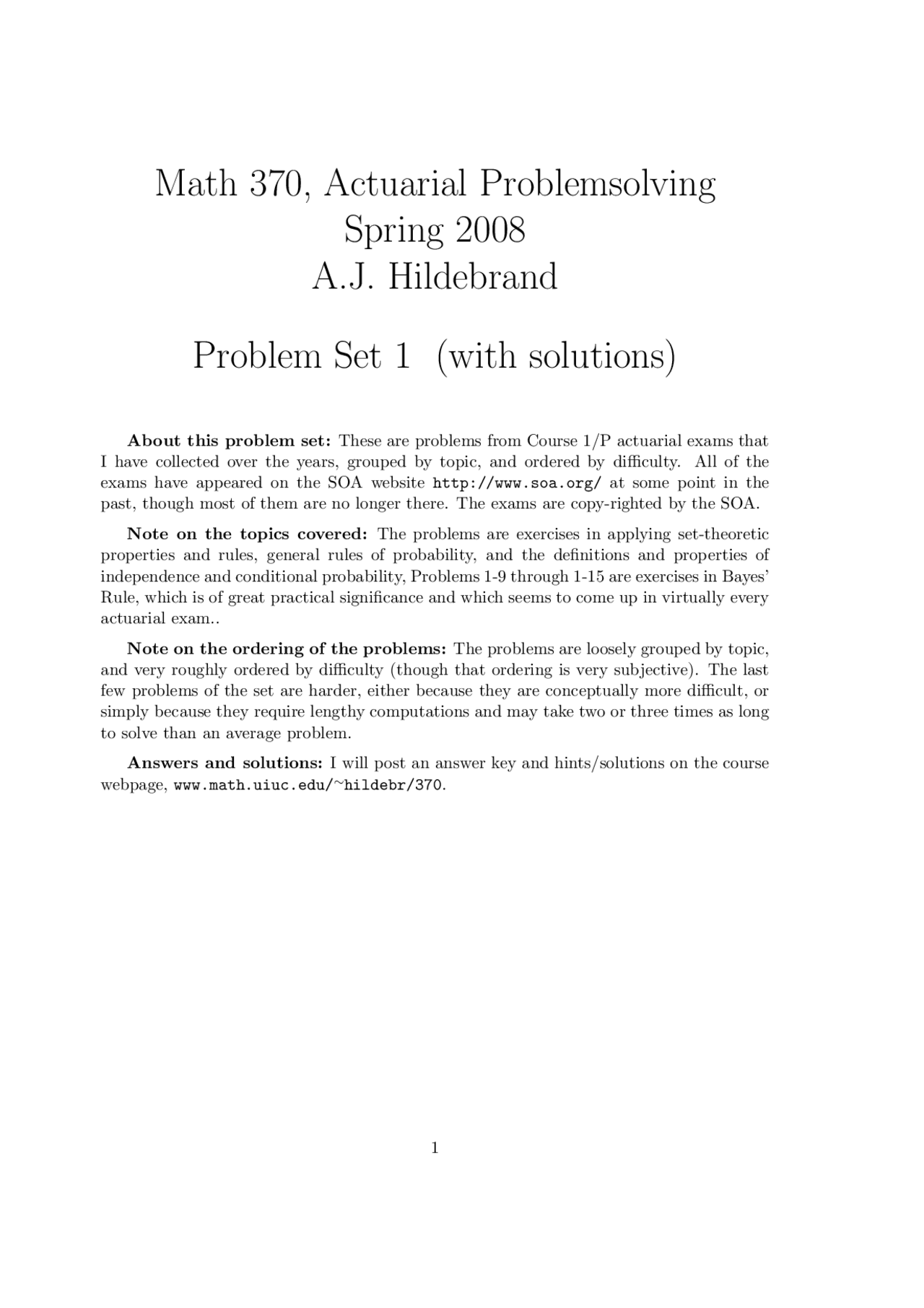 Problem Set 1 Solutions Actuarial Problem Solving Math 370 Docsity