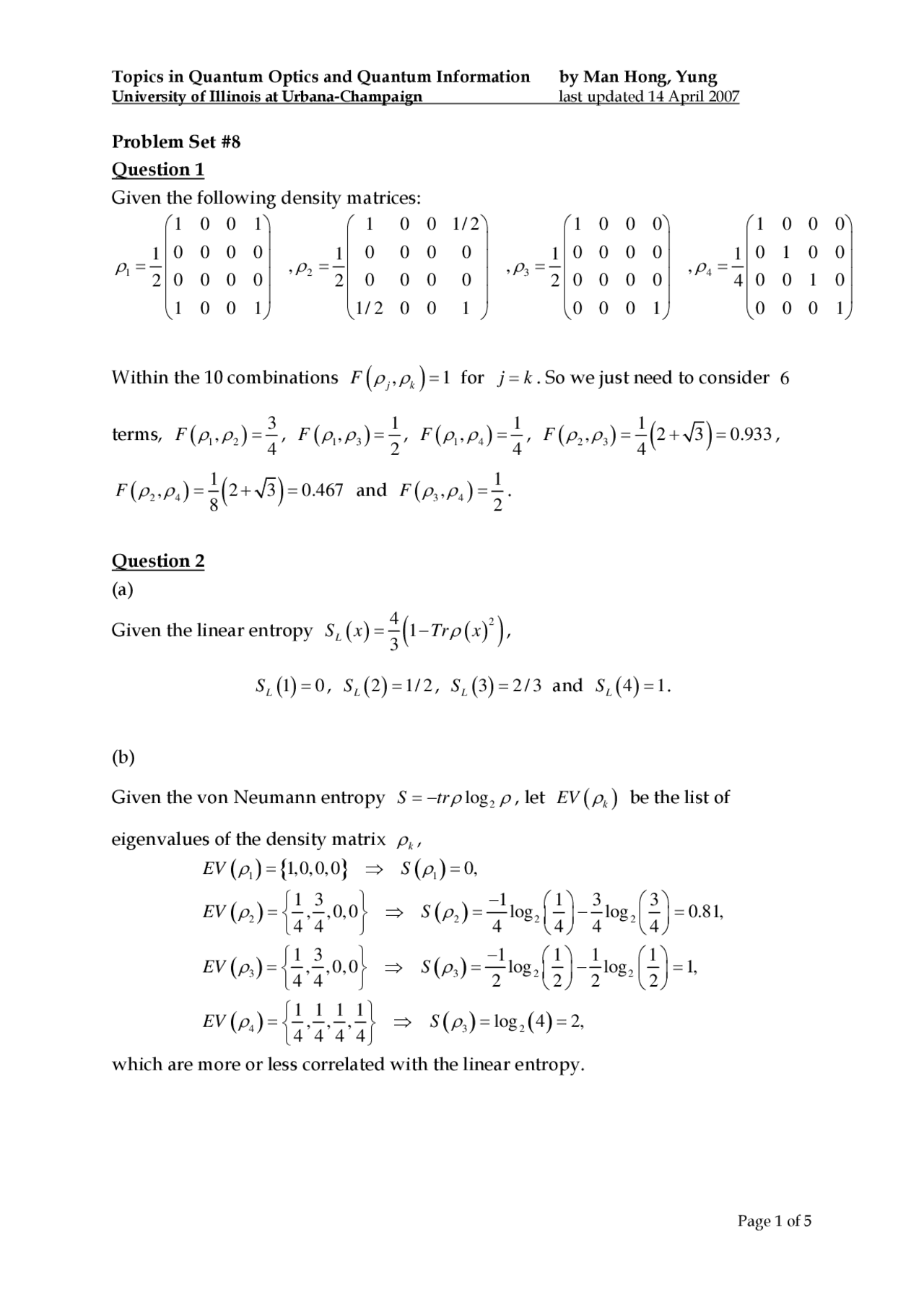 Quantum Optics And Quantum Information Problem Set 8 Phys 598 Docsity