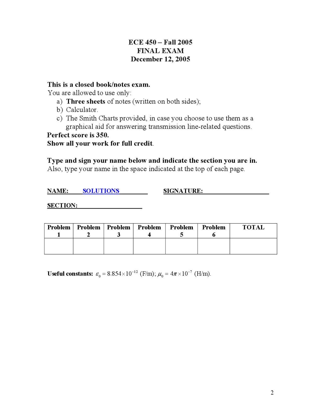 Final Exam With Solutions Lines Fields And Waves Ece 450 Docsity