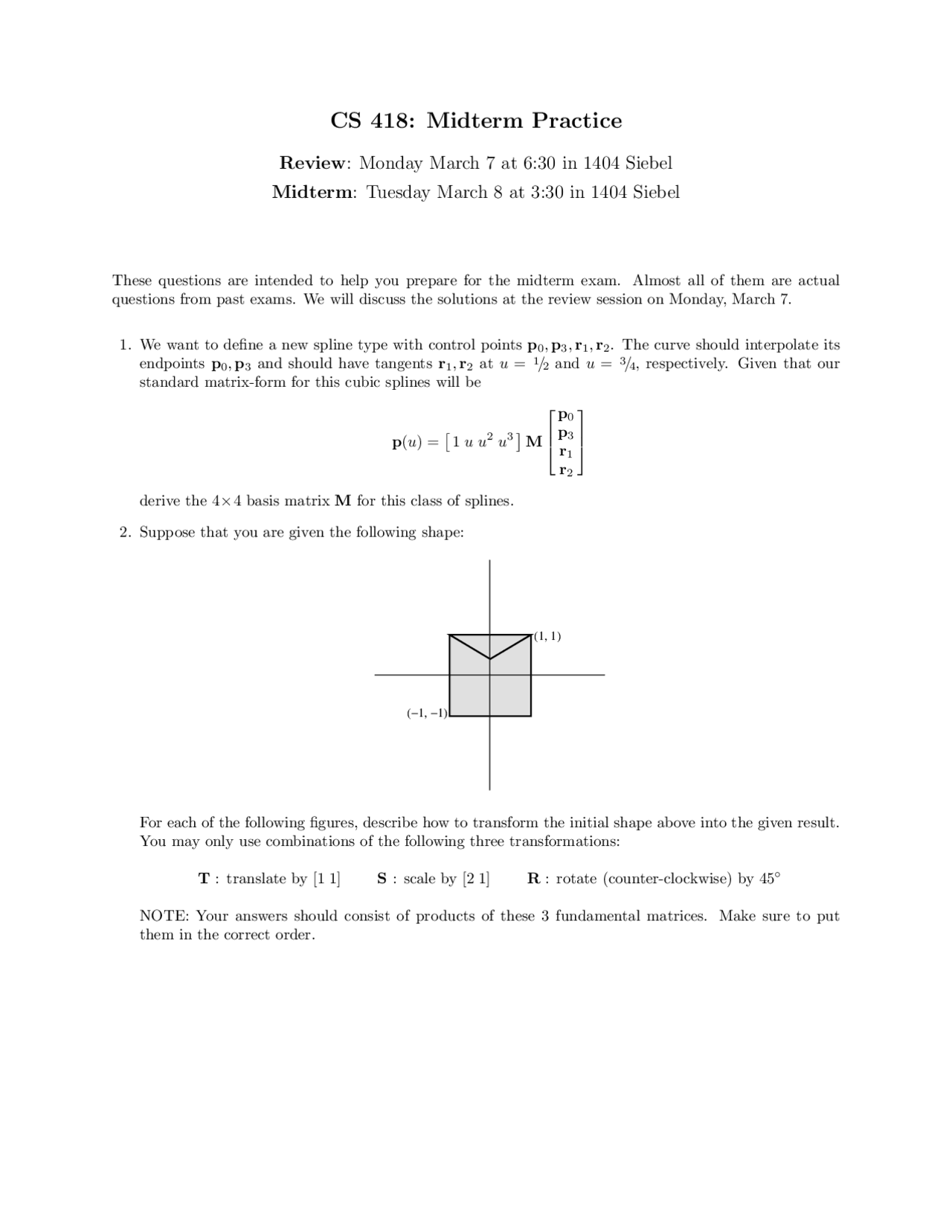 Midterm Practice Questions Interactive Computer Graphics Cs 418 Docsity