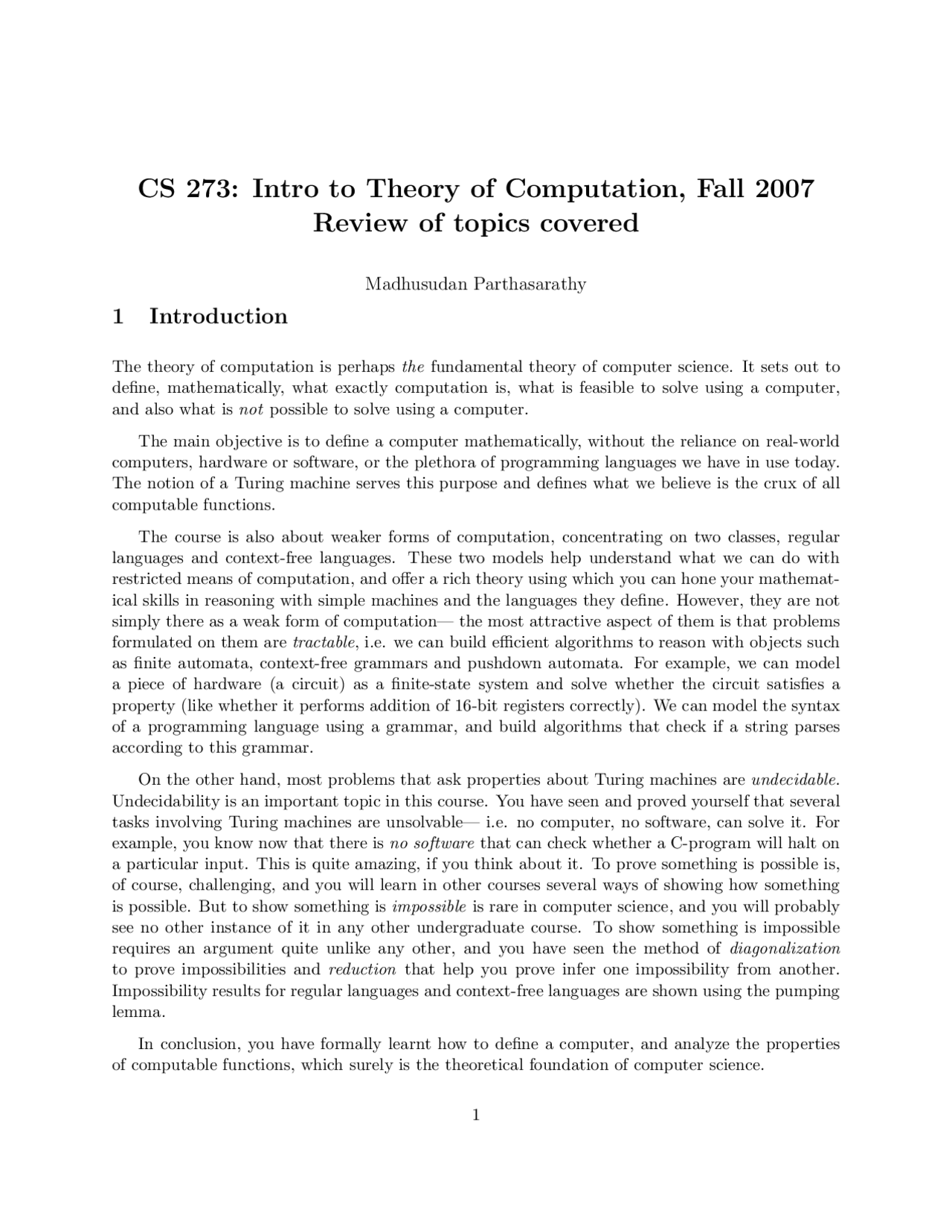Introduction To Theory Of Computation Review Sheet Cs 373 Docsity