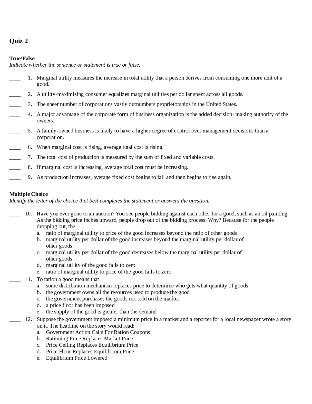 Quiz 2 Microeconomic Principles Econ 102 Quizzes Microeconomics