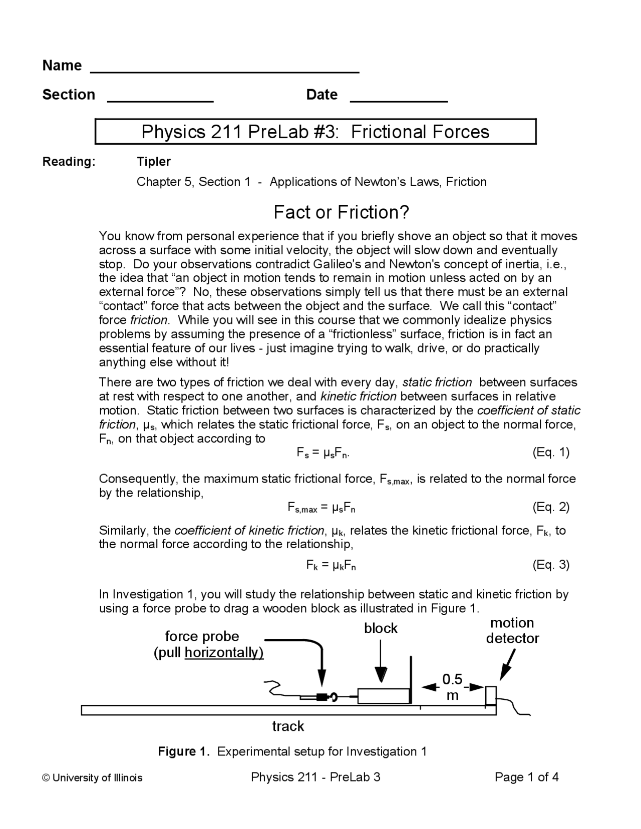 Physics 211 PreLab 3: Frictional Forces - Prof. Tony M. Liss | Lab ...