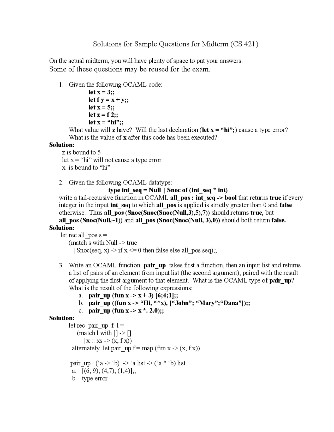 Problems For Programming Languages And Compilers Midterm Exam Answers