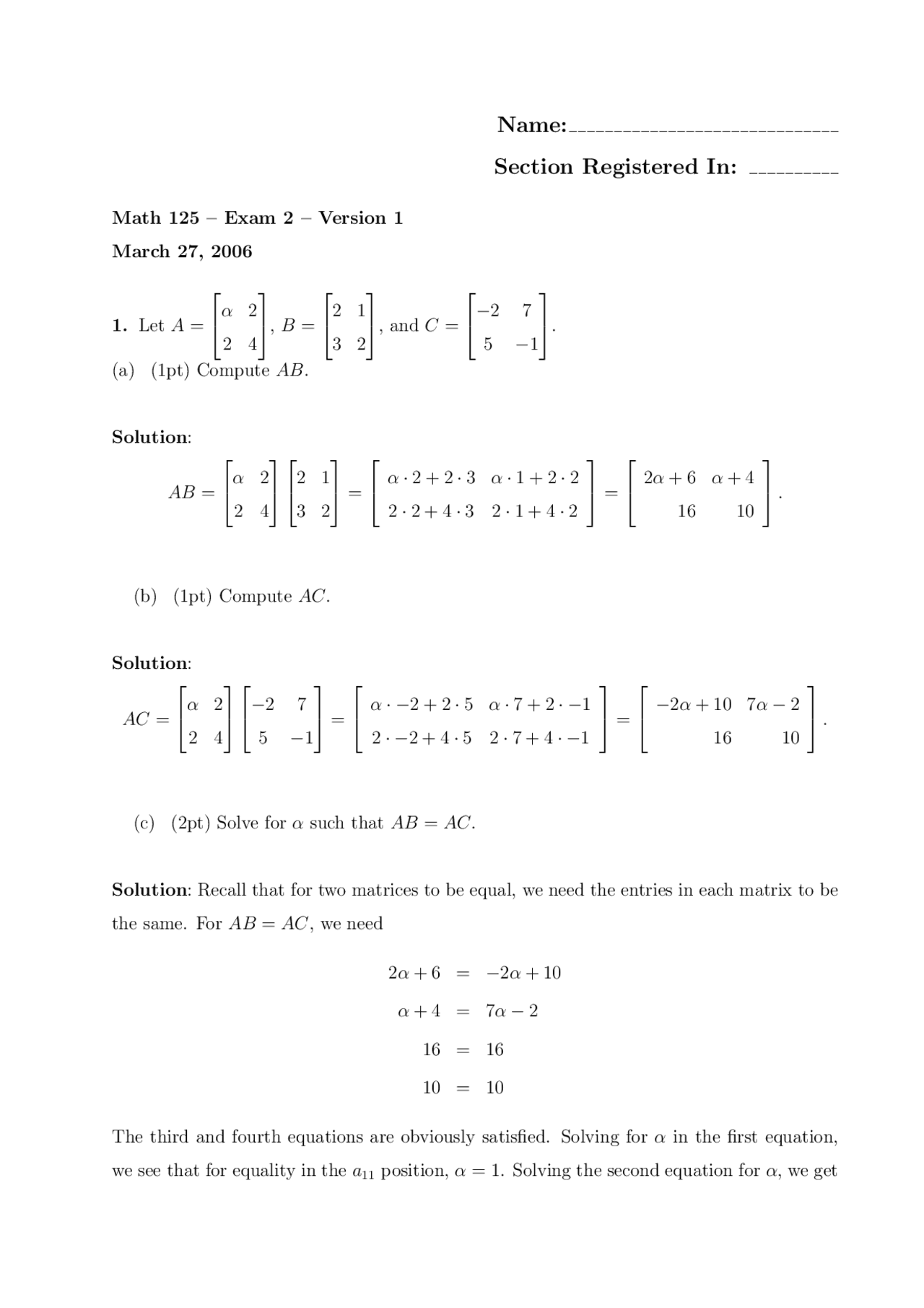 Exam 2 with Solution, Elementary Linear Algebra | MATH 125 - Docsity