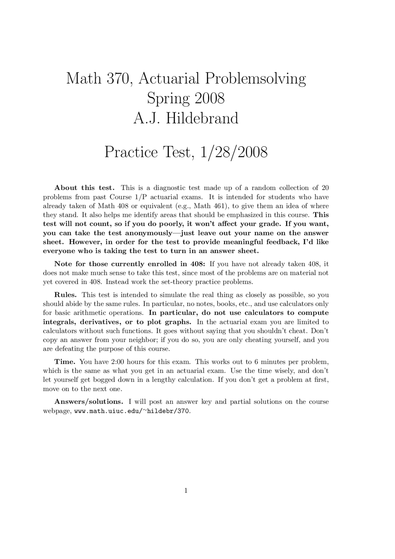 20 Questions On Actuarial Problem Solving Practice Test 1 Math 370