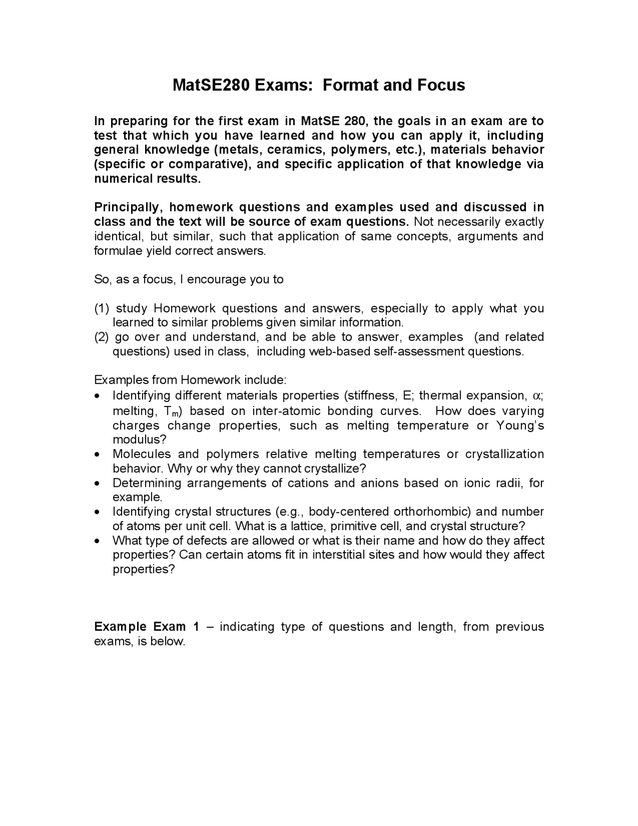 Exams Format And Focus Engineering Materials Mse 280 Docsity
