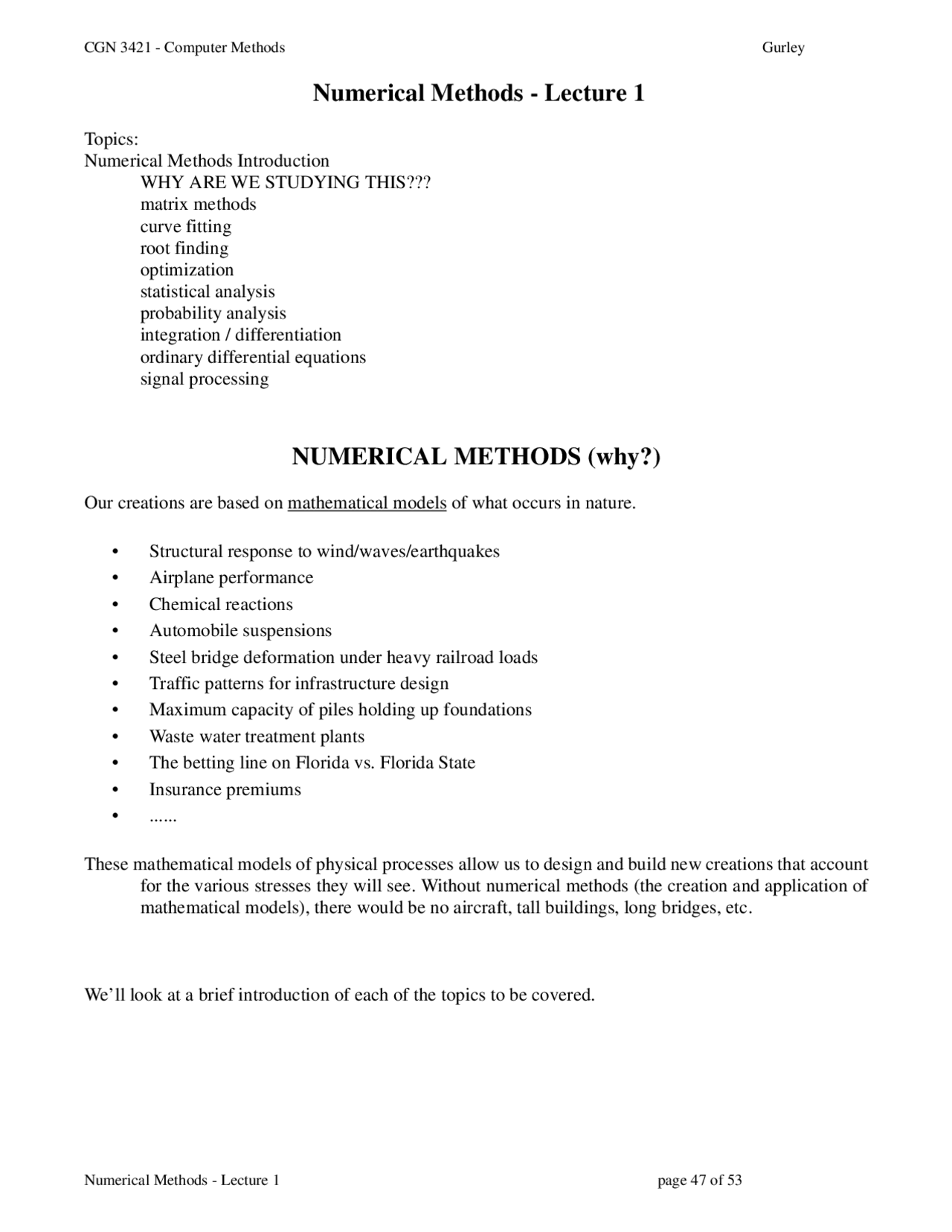 Numerical Methods Lecture Notes Cgn 3421 Docsity