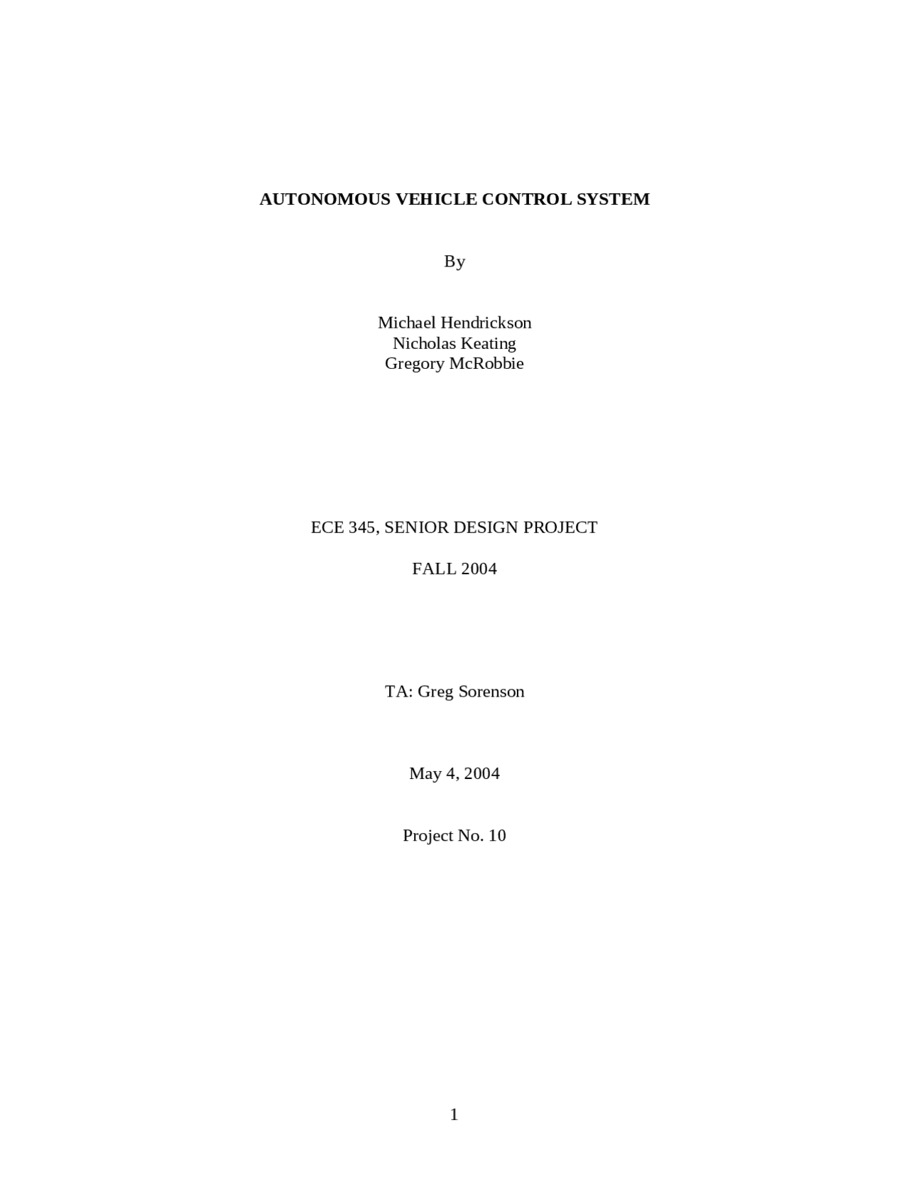 Autonomous Vehicle Control System Senior Design Project Lab Ece 445