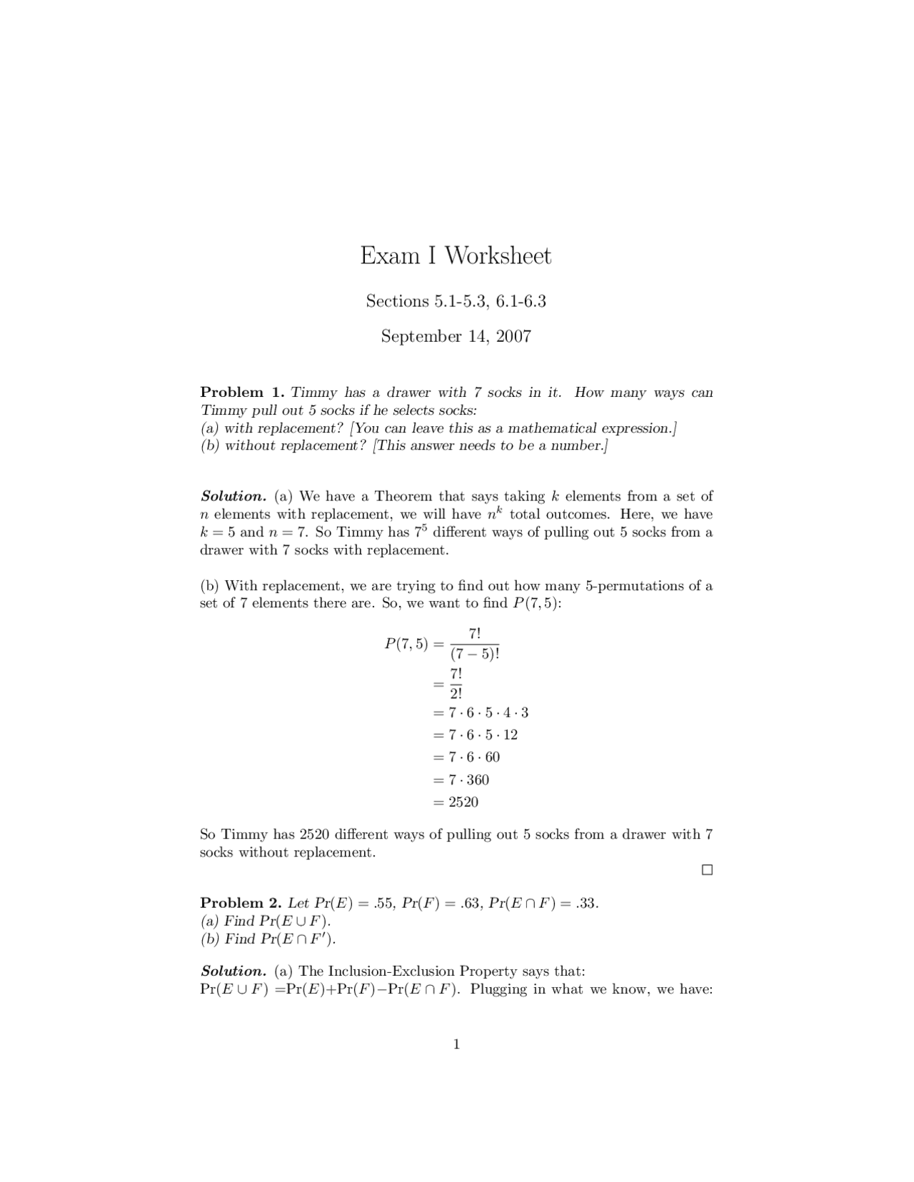 Exam 1 Worksheet Finite Mathematics Math 124 Docsity