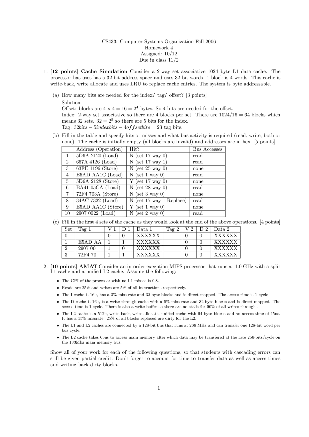 Solutions For Homework 4 Computer System Organization Cs 433 Docsity
