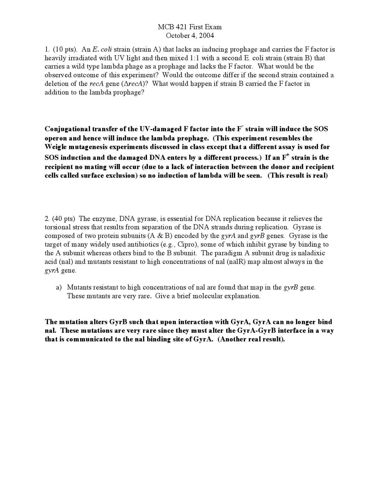 Exam 1 With Solution For Microbial Genetics Mcb 421 Docsity